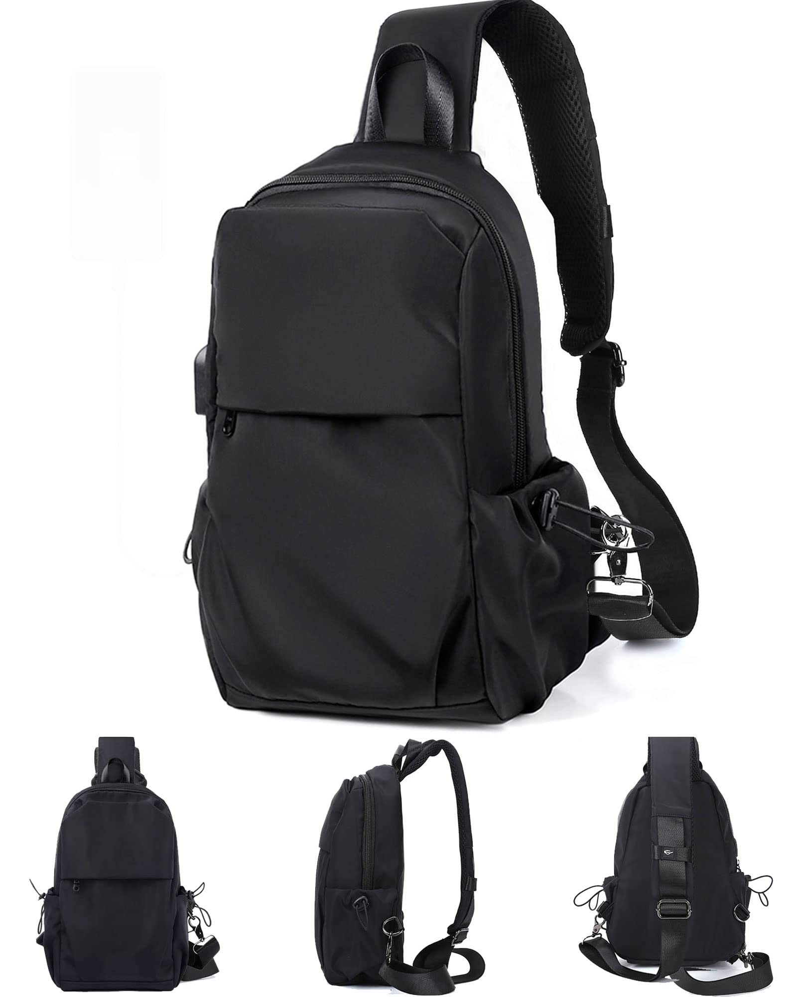 SEAFEW Small Black Sling Crossbody Backpack Shoulder Bag for Men Women, Lightweight One Strap Backpack Sling Bag Backpack for Hiking Walking Biking Travel Cycling USB Charger Port-Nylon