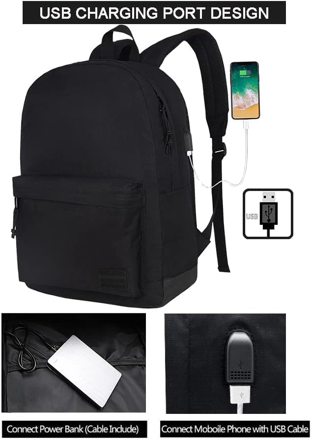 SUPACOOL Lightweight Casual Laptop Backpack with USB Charging Port For for Men and Women, School Bookbag for College (Full Black)