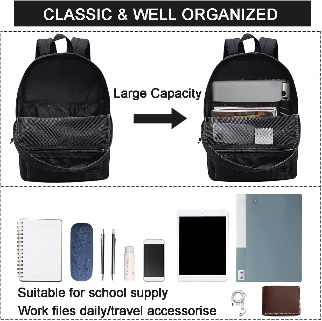 SUPACOOL Lightweight Casual Laptop Backpack with USB Charging Port For for Men and Women, School Bookbag for College (Full Black)