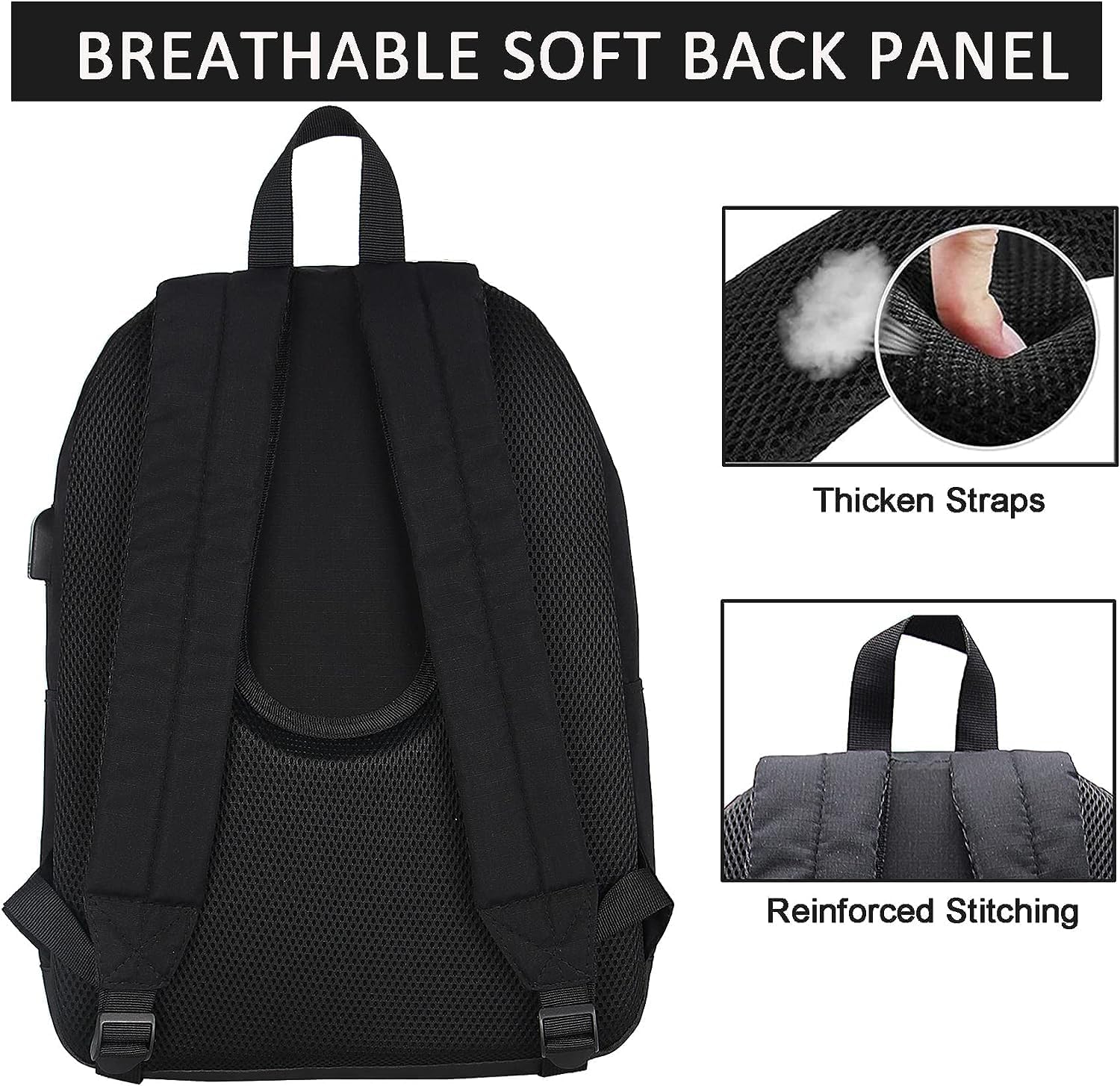 SUPACOOL Lightweight Casual Laptop Backpack with USB Charging Port For for Men and Women, School Bookbag for College (Full Black)