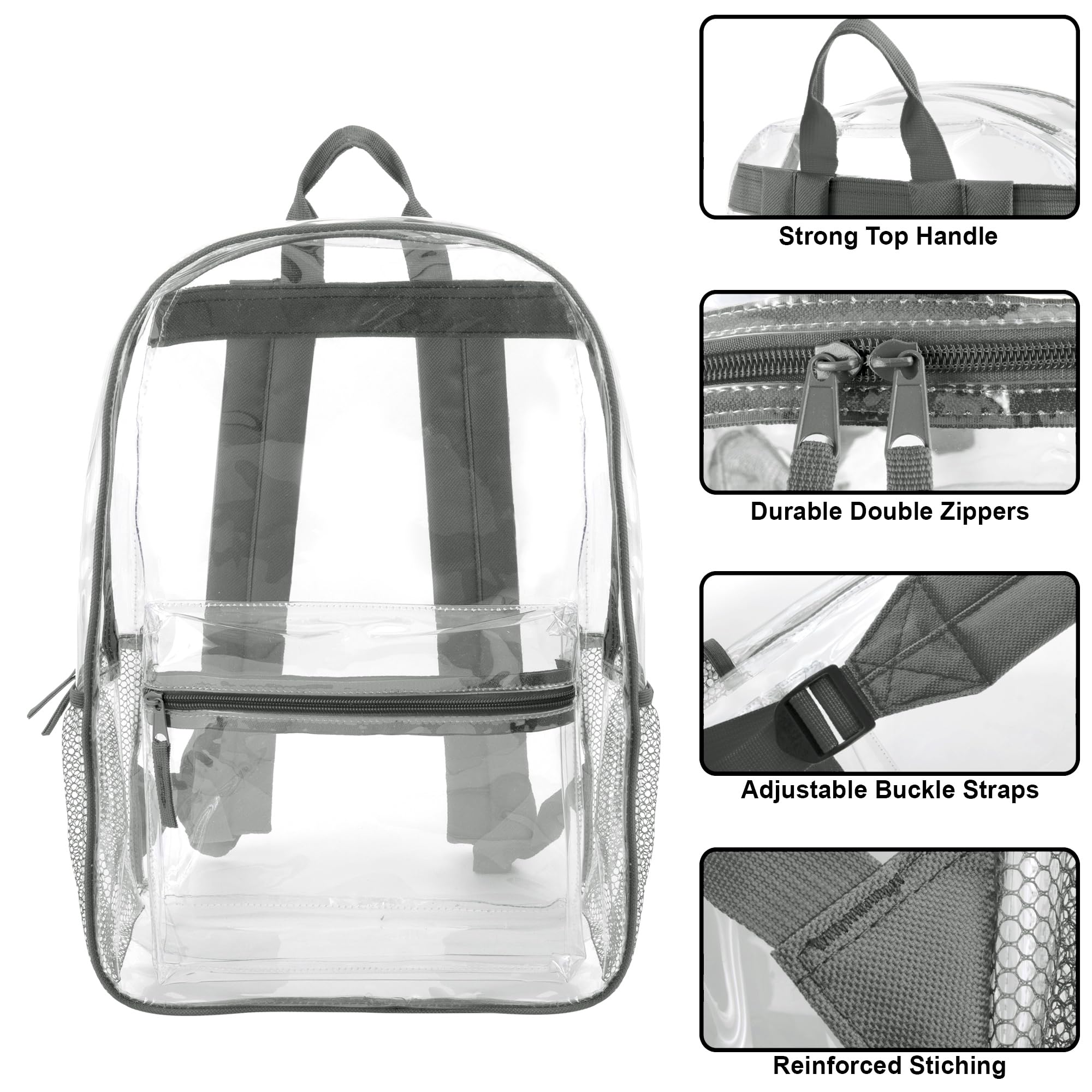 Clear Backpack With Reinforced Straps For Security & Sporting Events (Gray)