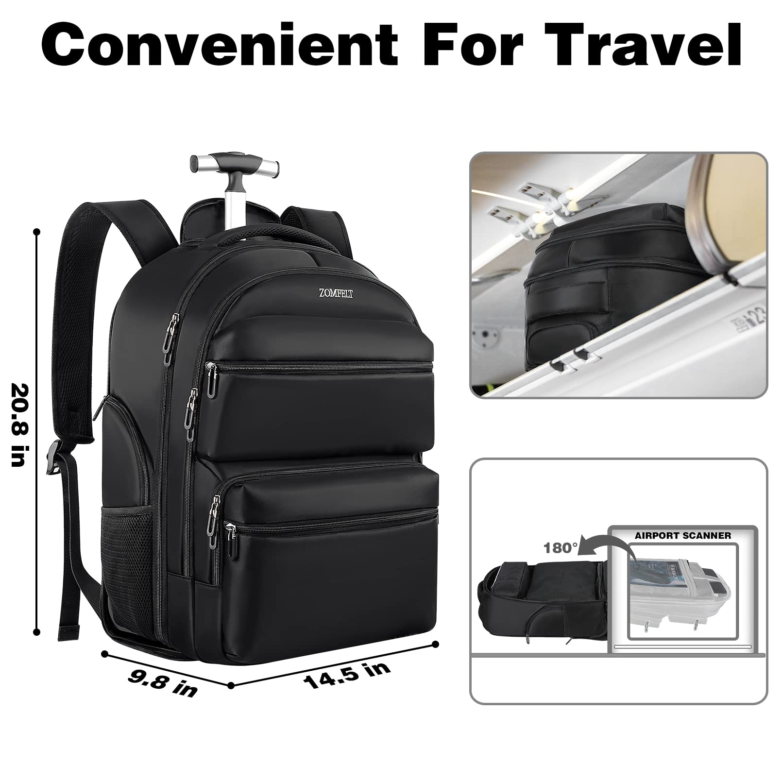 ZOMFELT Rolling Backpack, 17.3 inch Laptop Backpack with Wheels, Waterproof Travel Backpack for Women Men with 3 Portable Packing Bags, Large Business Carry on Bag for Travel Work College, Black
