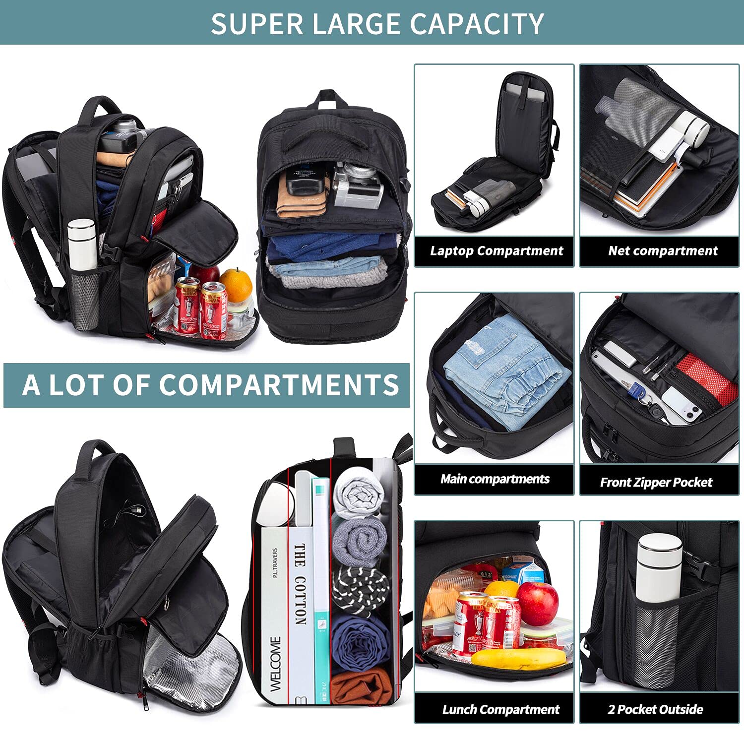Extra Large Backpack for Men 50L,Insulated Cooler Lunch Box Backpack,17inch Travel Laptop Backpack with USB Charging Port,Water Resistant Big Capacity Computer Bag Work College School Bookbags,Black