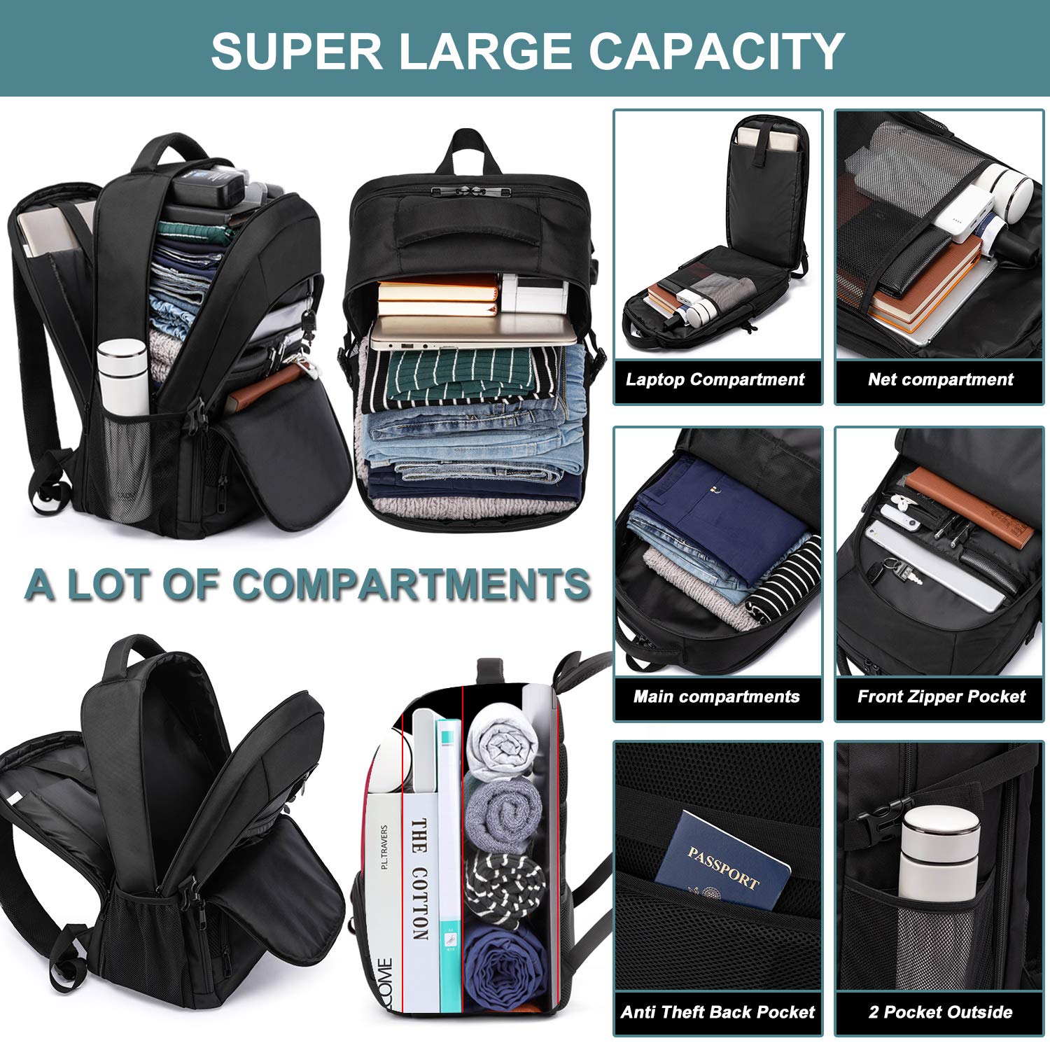 Extra Large Backpack for Men 50L,Water Resistant 17 inch Travel Laptop Backpack with USB Charging Port,TSA Friendly Big Business Anti Theft Computer Bag Work College School Bookbags Gifts,Black