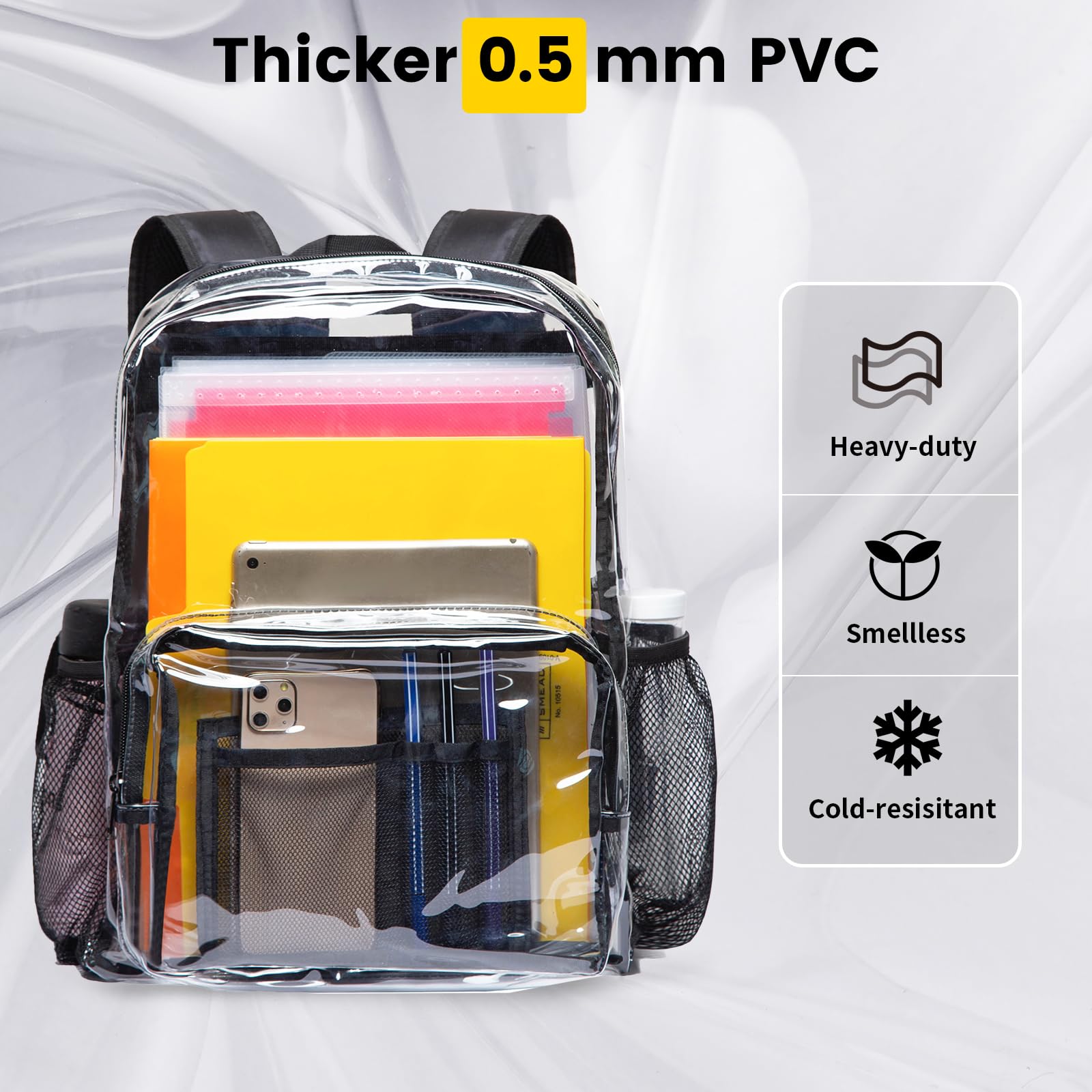 Vorspack Clear Backpack Heavy Duty PVC Transparent Backpack with Reinforced Strap & Large Capacity for College Workplace Security - Black
