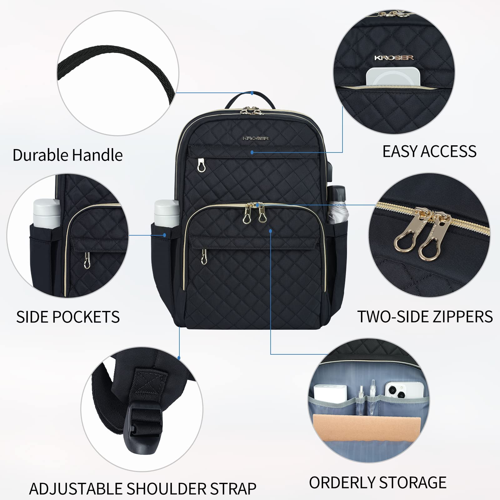 KROSER Laptop Backpack 15.6 Inch Stylish Daypack with USB Charging Port, Water-repellent Nylon School Backpack Backpack for Travel/Business/Women/Girls-Black