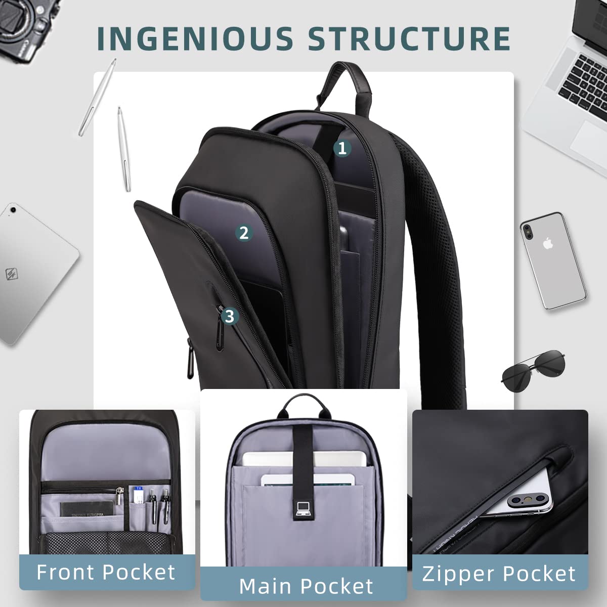 Backpack for Men Business Slim Backpack with USB Charger Computer Lightweight Anti-theft Travel Backpacks High School Mens Backpacks 15.6 inch Water Resistant Laptop Bag for Work Office College-Black