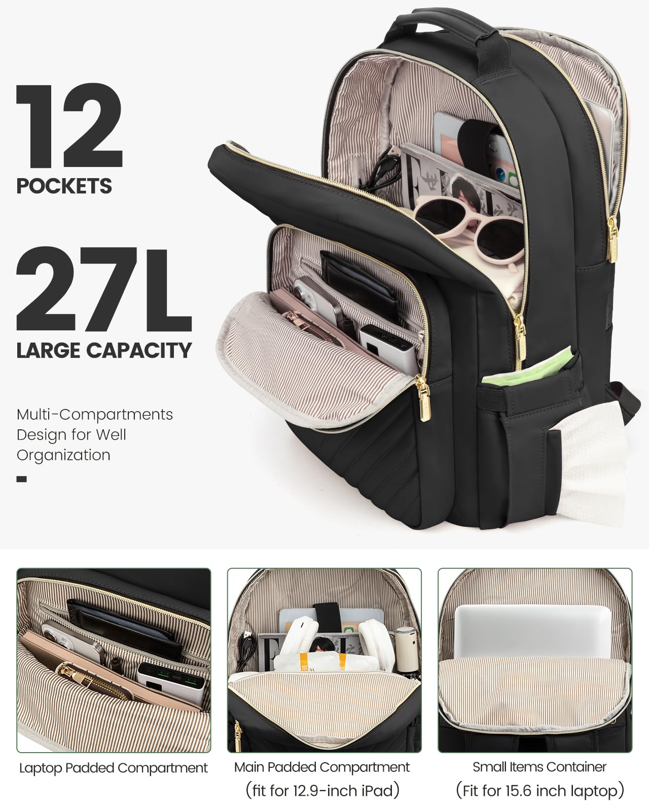 LOVEVOOK Quilted Laptop Backpack Stylish Laptop Bag for Women Work Computer Bags Bookbag Purse,15.6-Inch, Black