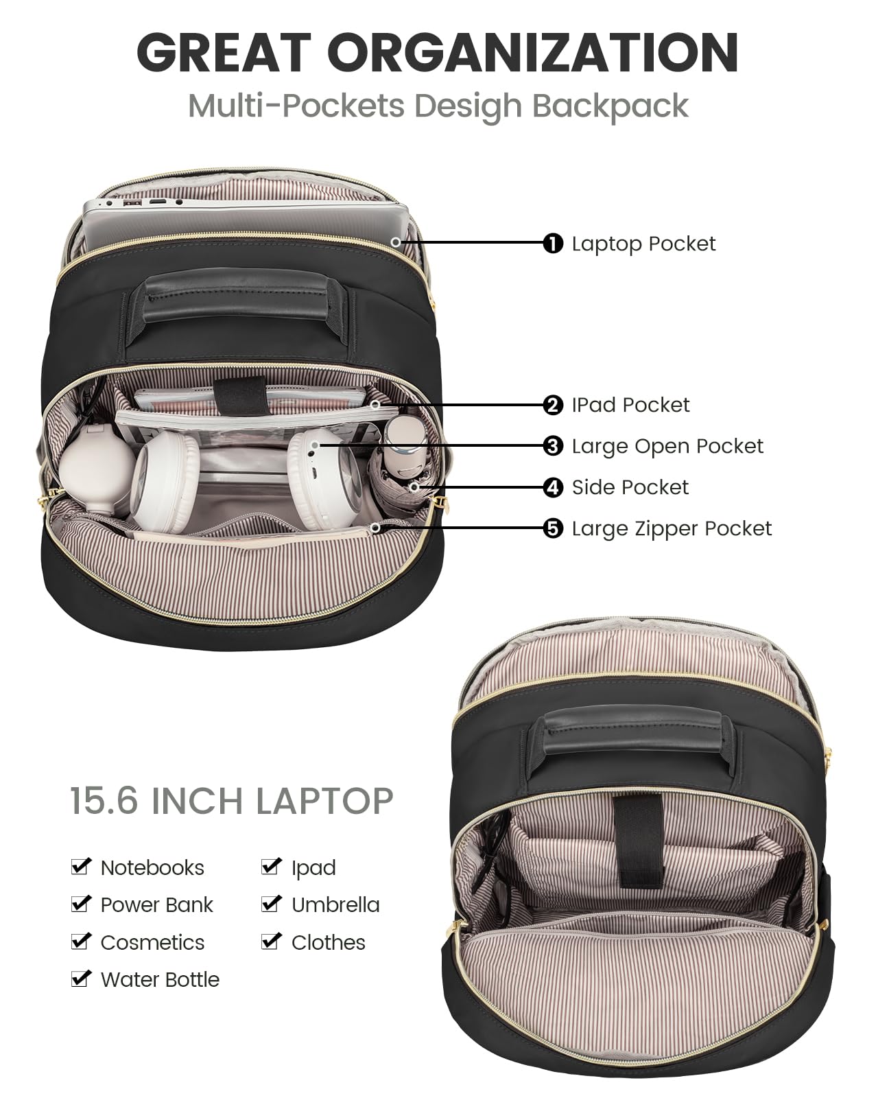 LOVEVOOK Quilted Laptop Backpack Stylish Laptop Bag for Women Work Computer Bags Bookbag Purse,15.6-Inch, Black