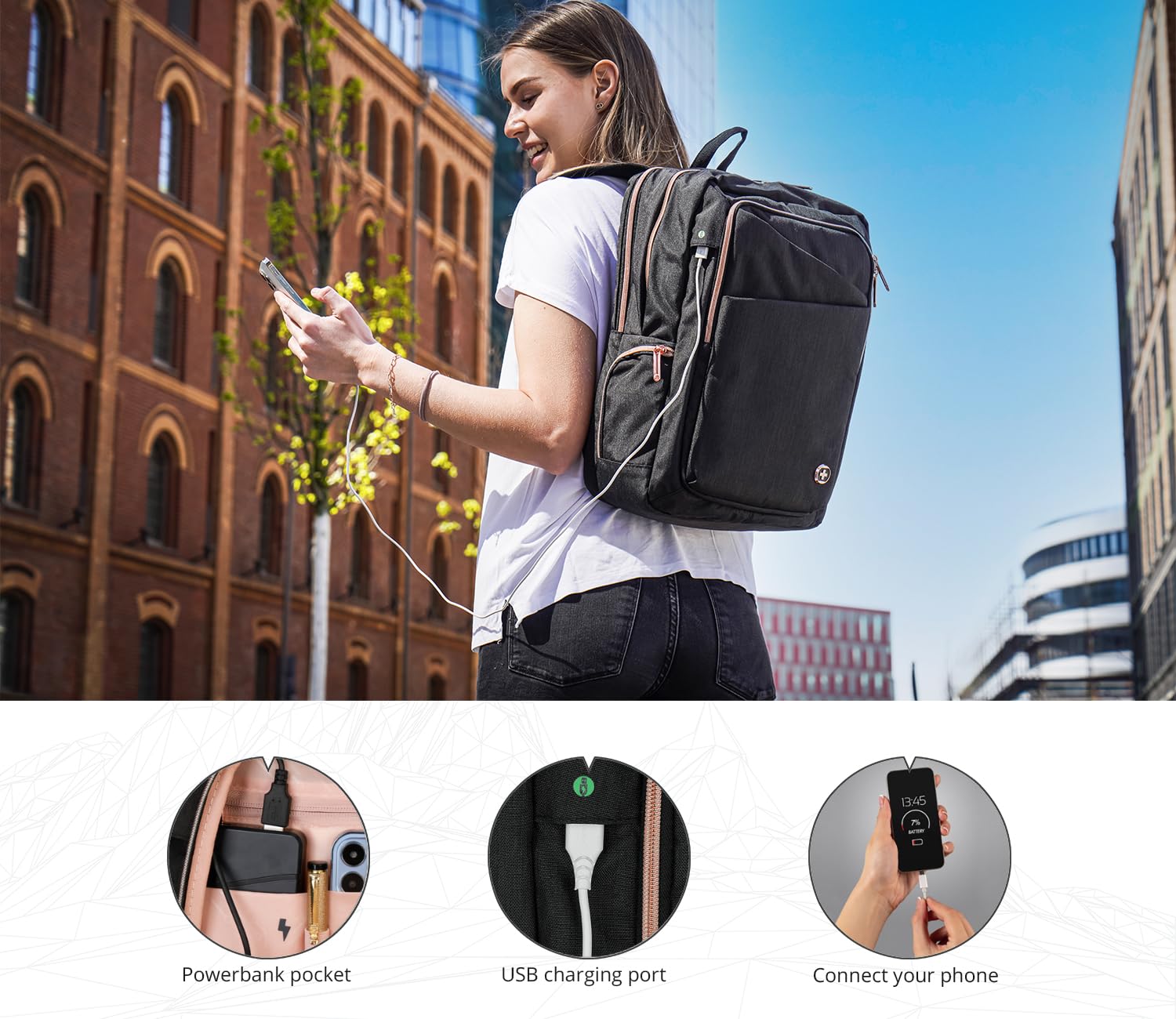 Swissdigital Katy Rose Laptop Backpack Purse For Women,With USB Charging Port Computer Work Backpack ,Fits 15.6Inch Laptop Travel Casual Bag