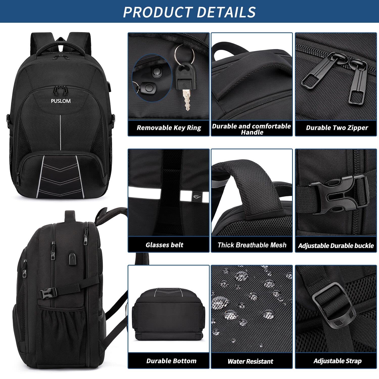 Extra Large Backpack for Men 55L,18.4Inch Travel Laptop Backpack with USB Charging Port Business Flight Approved Carry On Backpack,TSA Big Capacity Heavy Duty Computer Bag College School Bookbag,Black