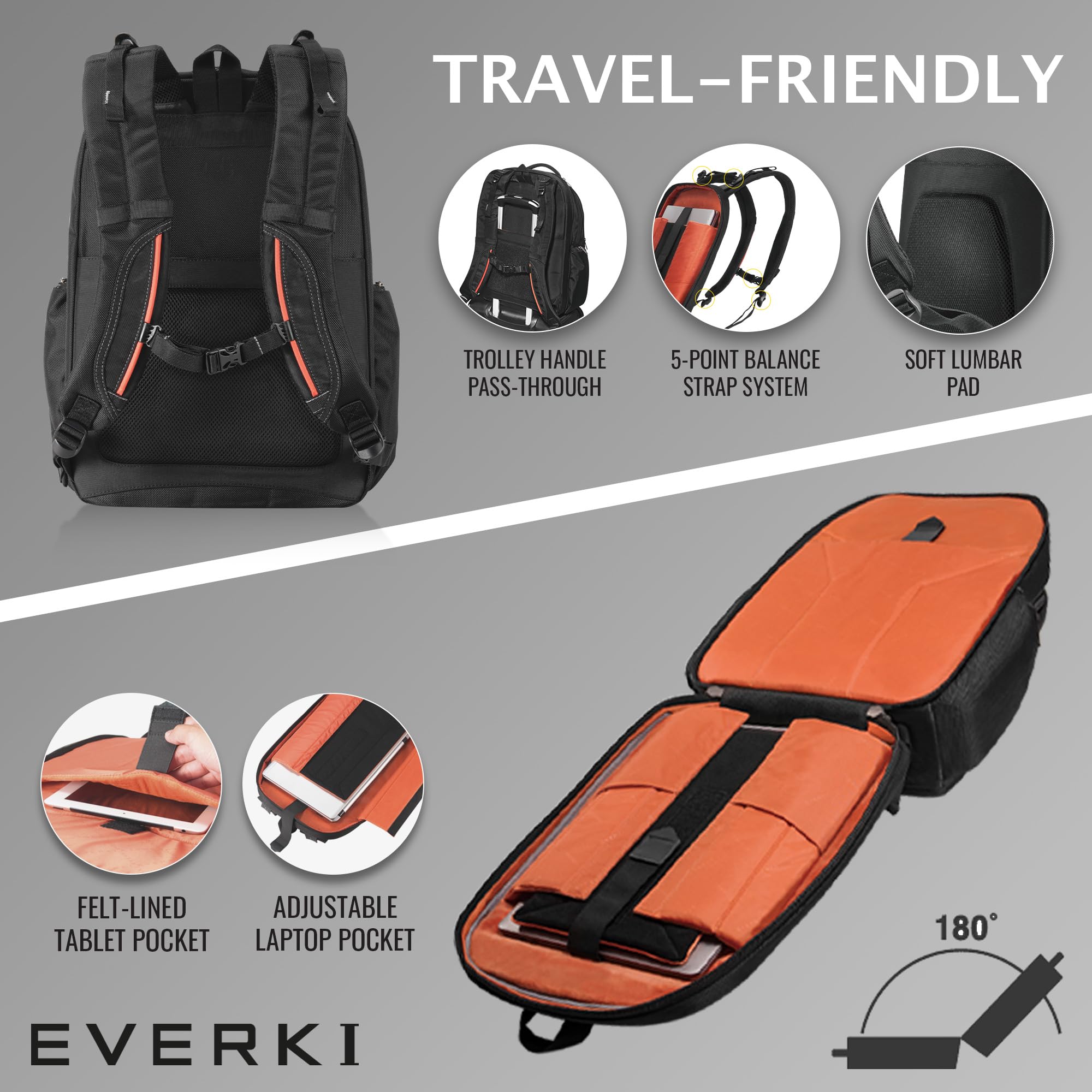 EVERKI Atlas Business Laptop Backpack, 13-Inch to 17.3-Inch Adjustable Compartment, Men or Women, Travel Friendly (EKP121), Black