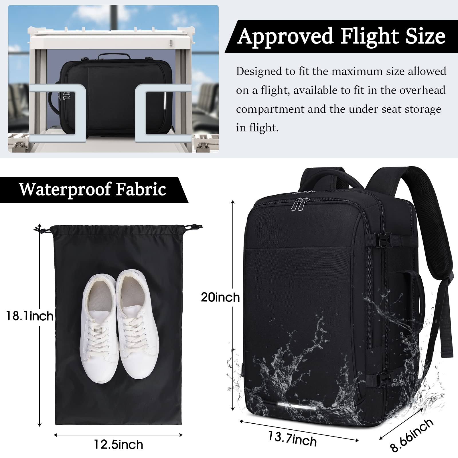Travel Backpack for Men Women 40L Flight Approved Carry on Backpack 17 Inch Waterproof Laptop Backpack Large Luggage Daypack Business College School Weekender Overnight Backpack with Shoe Bag, Black