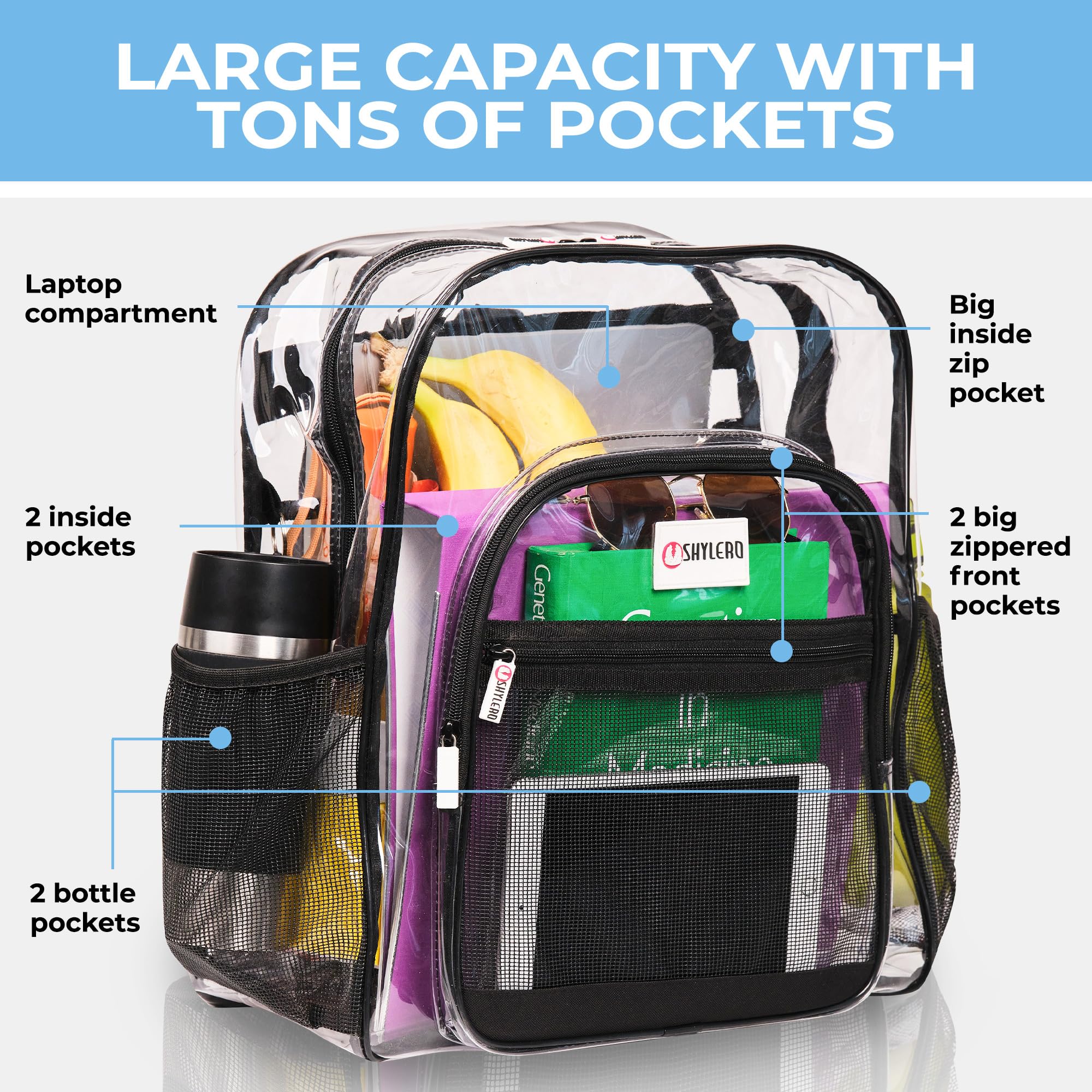 SHYLERO Clear Backpack For Work XL - Heavy Duty School Bookbag has TSA Lock, 2-WAY Zip, Transparent PVC - H18''xW14''xD8