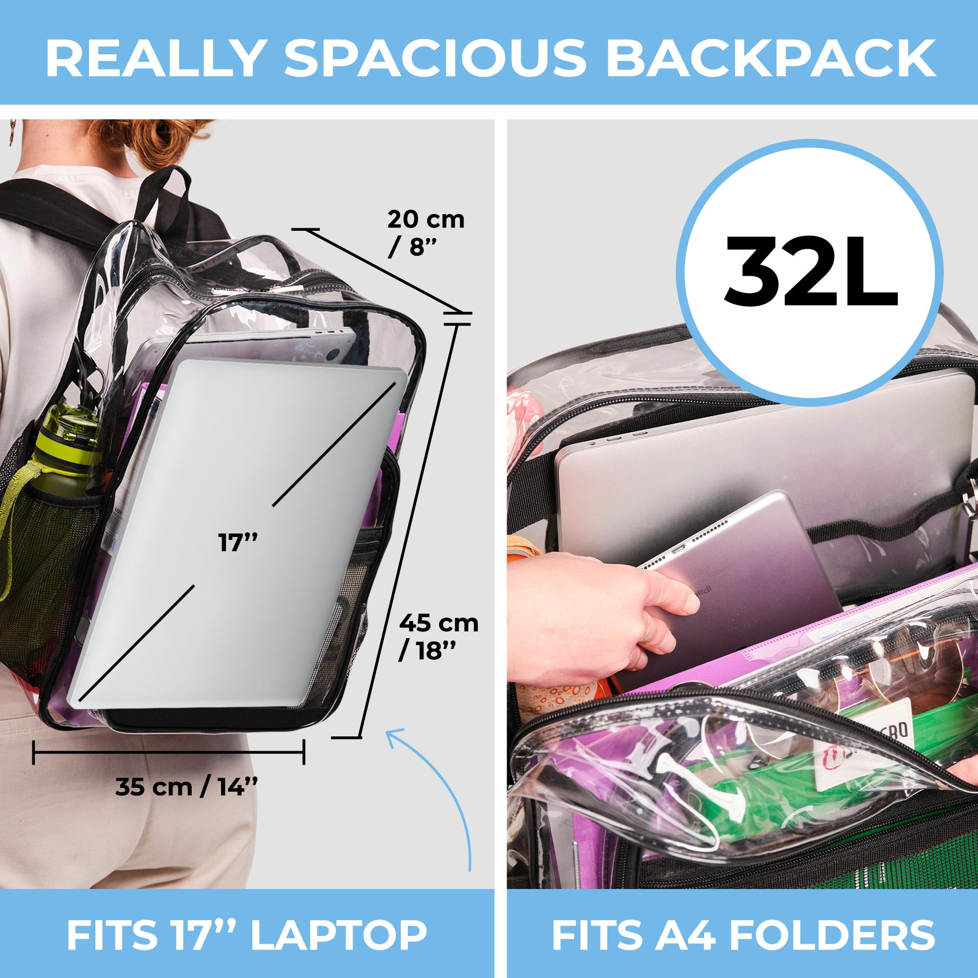 SHYLERO Clear Backpack For Work XL - Heavy Duty School Bookbag has TSA Lock, 2-WAY Zip, Transparent PVC - H18''xW14''xD8