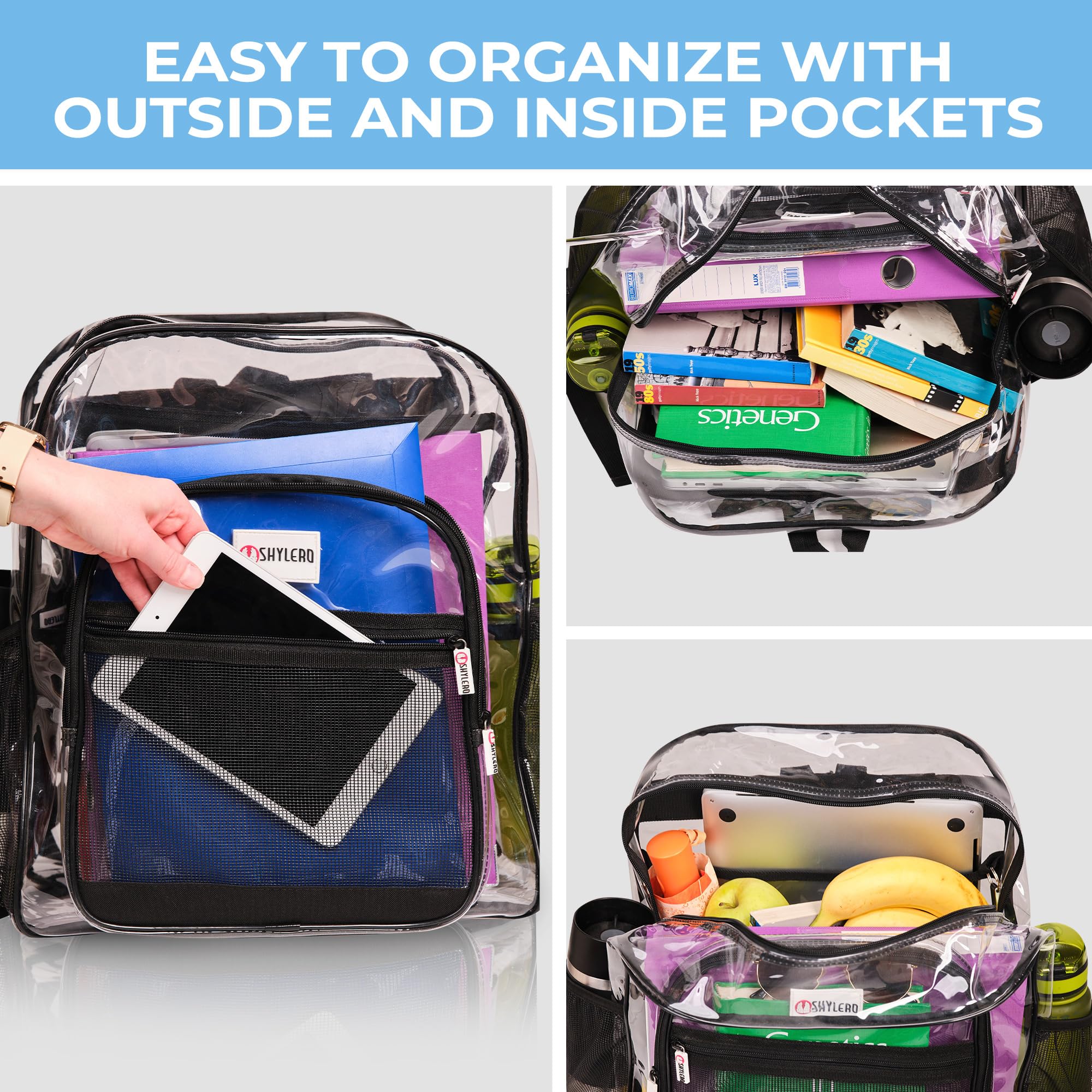 SHYLERO Clear Backpack For Work XL - Heavy Duty School Bookbag has TSA Lock, 2-WAY Zip, Transparent PVC - H18''xW14''xD8