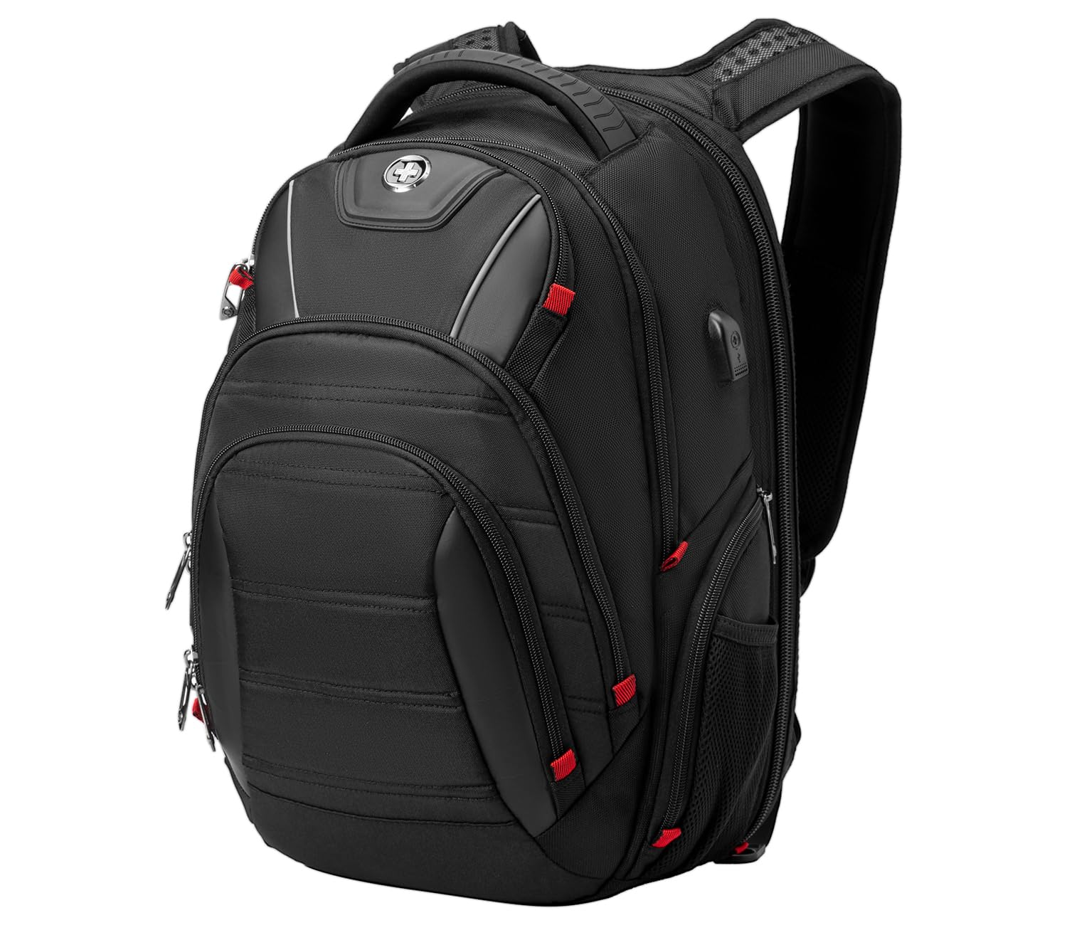 SwissDigital Circuit Men's Laptop Backpack for College and Business Travel with Integrated USB Charging Port and RFID Protection Fits Laptops up to 15.6 in, Black (J14-BR)