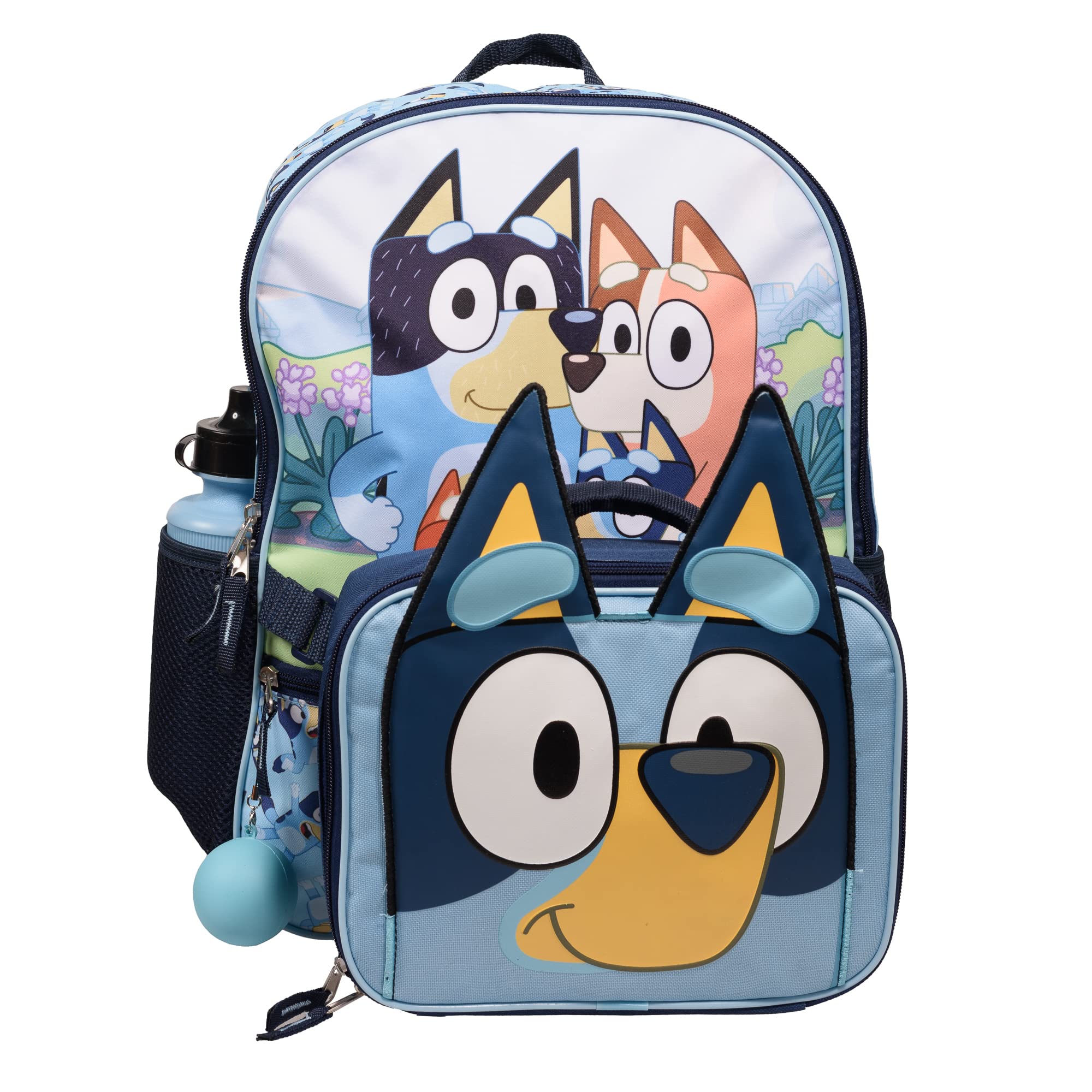 Bluey Girls & Boys Toddler 4 Piece Backpack Set for Kindergarten , School Bag with Front Zip Pocket, Mesh Side Pockets, Insulated Lunch Box, Water Bottle, and Squish Ball Dangle