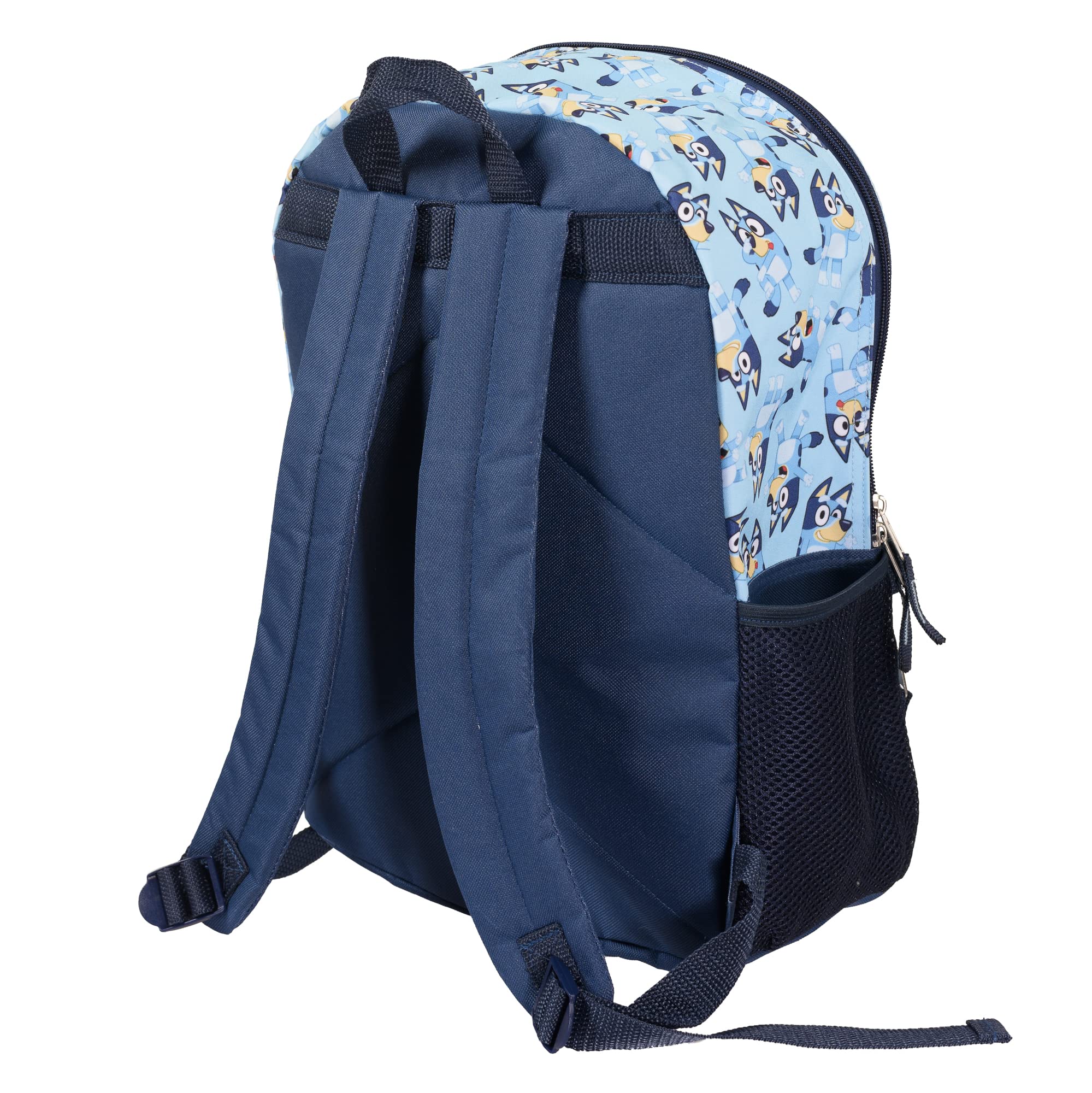 Bluey Girls & Boys Toddler 4 Piece Backpack Set for Kindergarten , School Bag with Front Zip Pocket, Mesh Side Pockets, Insulated Lunch Box, Water Bottle, and Squish Ball Dangle