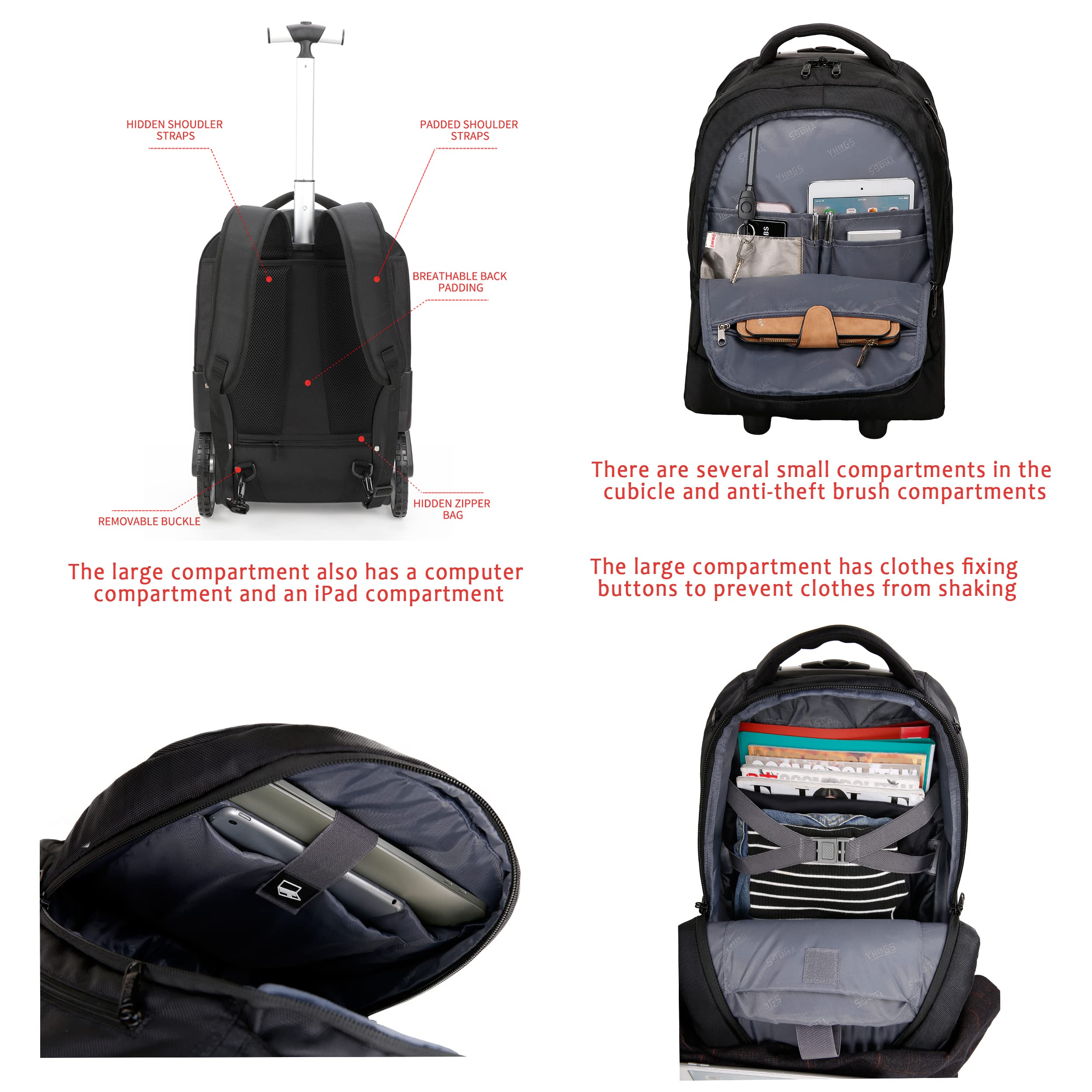 Rolling ,Waterproof Backpack with Wheels for Business, College Student and Travel Commuter, Carry on Backpack with Laptop Compartment, Fit 17 Inch Laptop, Wheeled Backpack for Adults