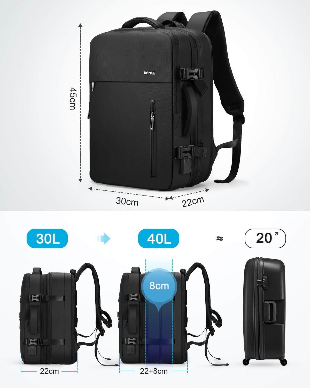 HOMIEE Carry on Bag Large Travel Backpack Flight Approved, Waterproof Rucksack Anti Theft Laptop Backpack for Men Women, 24-40L Expandable Weekender Overnight Duffel Bag Hand Luggage Suitcase