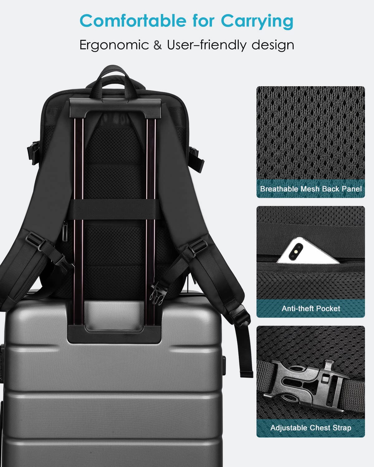 HOMIEE Carry on Bag Large Travel Backpack Flight Approved, Waterproof Rucksack Anti Theft Laptop Backpack for Men Women, 24-40L Expandable Weekender Overnight Duffel Bag Hand Luggage Suitcase