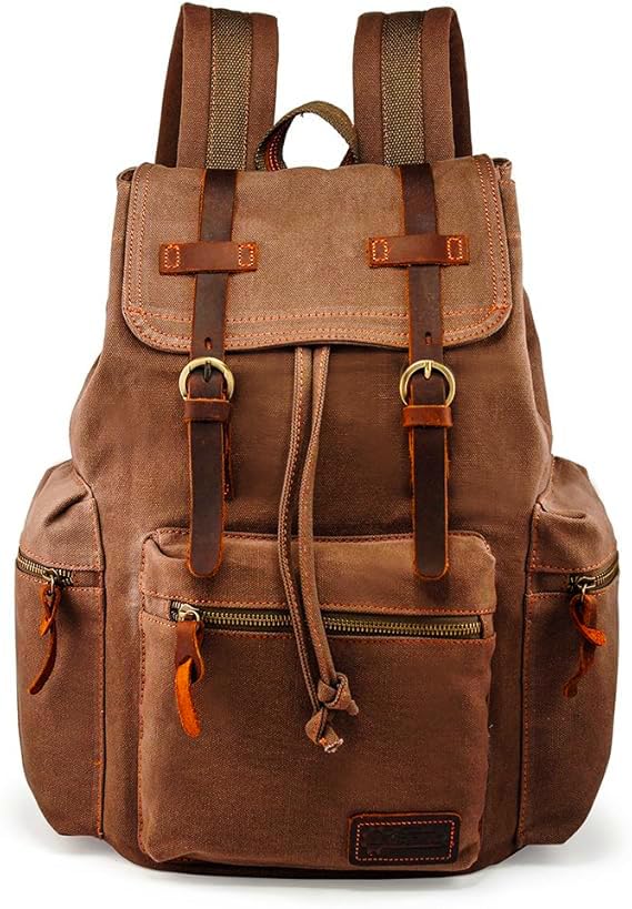 GEARONIC 21L Vintage Canvas Backpack for Men Women Leather Rucksack Knapsack 15 inch Laptop Tote Satchel School Military Army Shoulder Rucksack Hiking Bag-Coffee