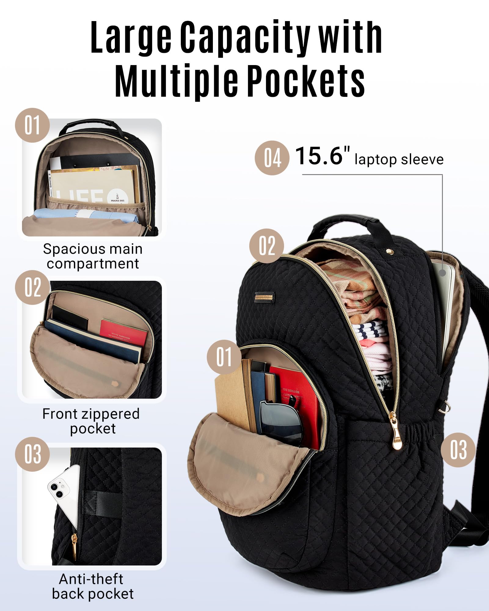 LIGHT FLIGHT Laptop Backpack for Women Laptop Backpacks for 15.6โ Notebook Casual Computer Bag Stylish Stitch Pattern Daypack for Work Travel Business College Large Black