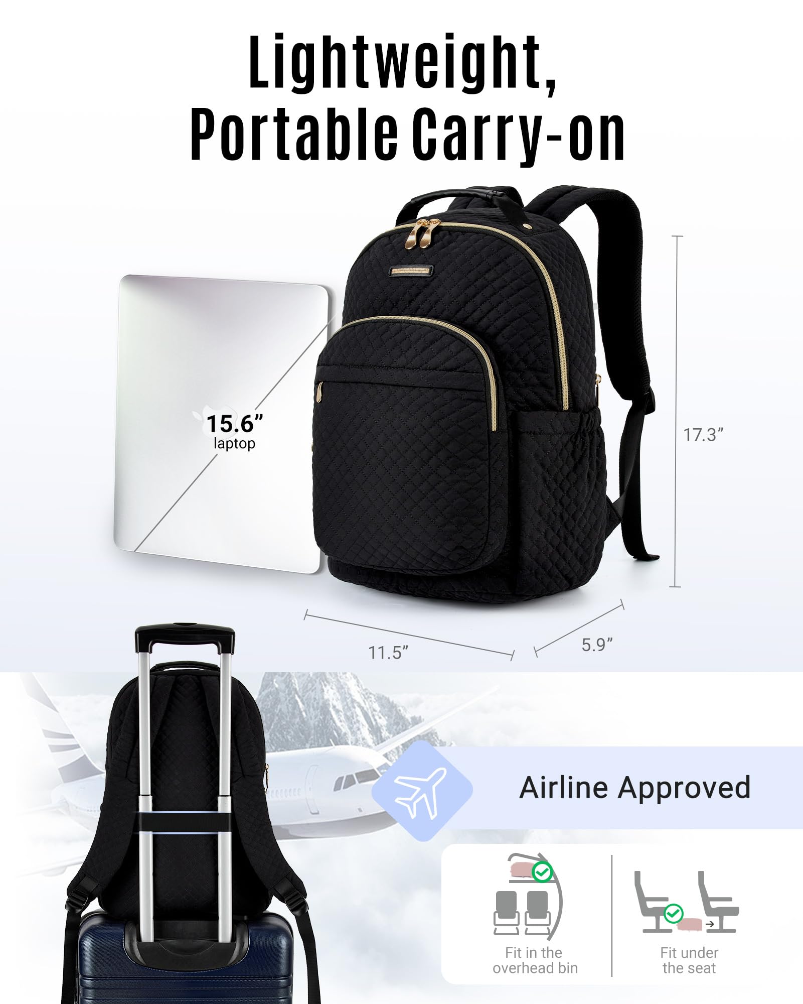 LIGHT FLIGHT Laptop Backpack for Women Laptop Backpacks for 15.6โ Notebook Casual Computer Bag Stylish Stitch Pattern Daypack for Work Travel Business College Large Black