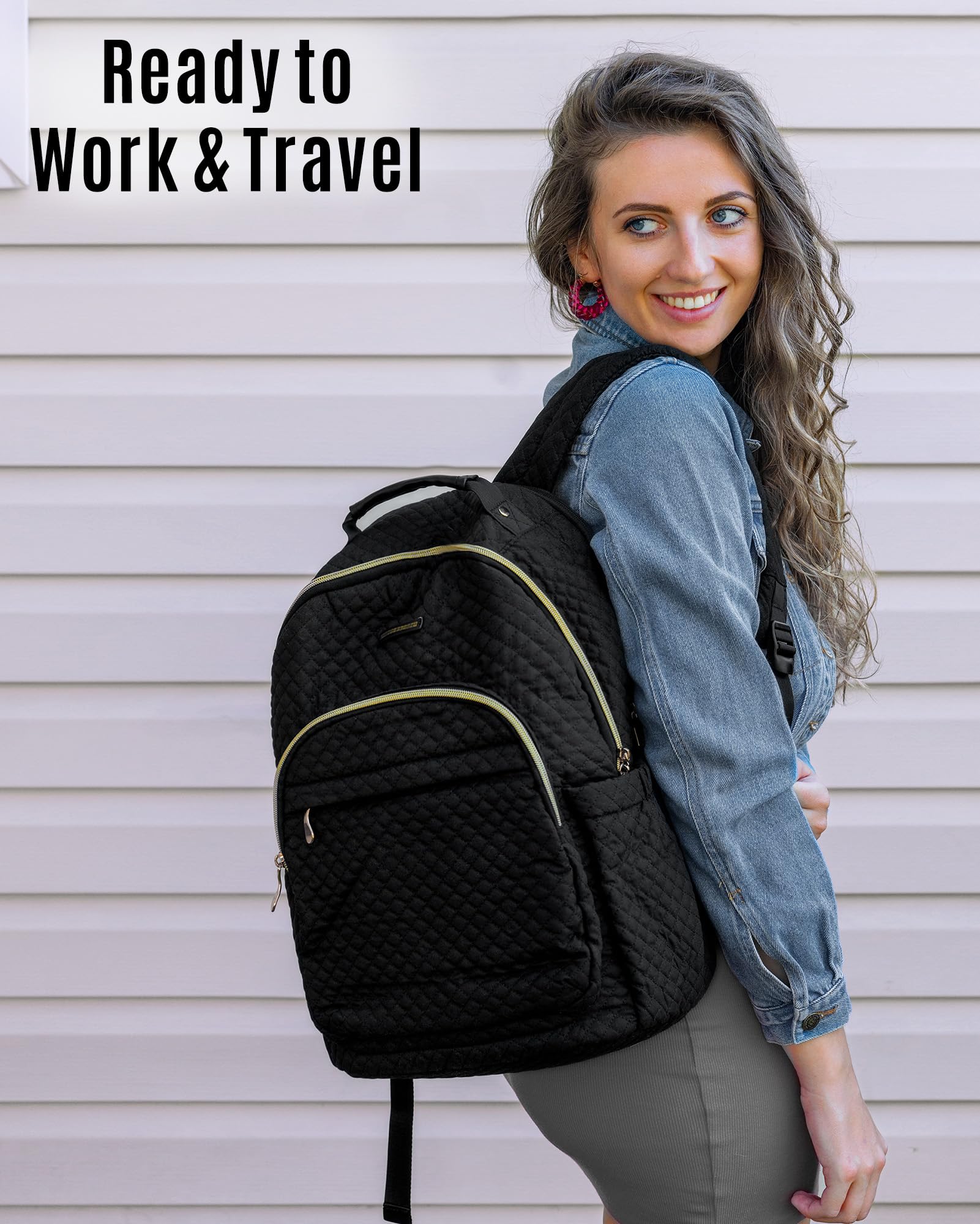 LIGHT FLIGHT Laptop Backpack for Women Laptop Backpacks for 15.6โ Notebook Casual Computer Bag Stylish Stitch Pattern Daypack for Work Travel Business College Large Black