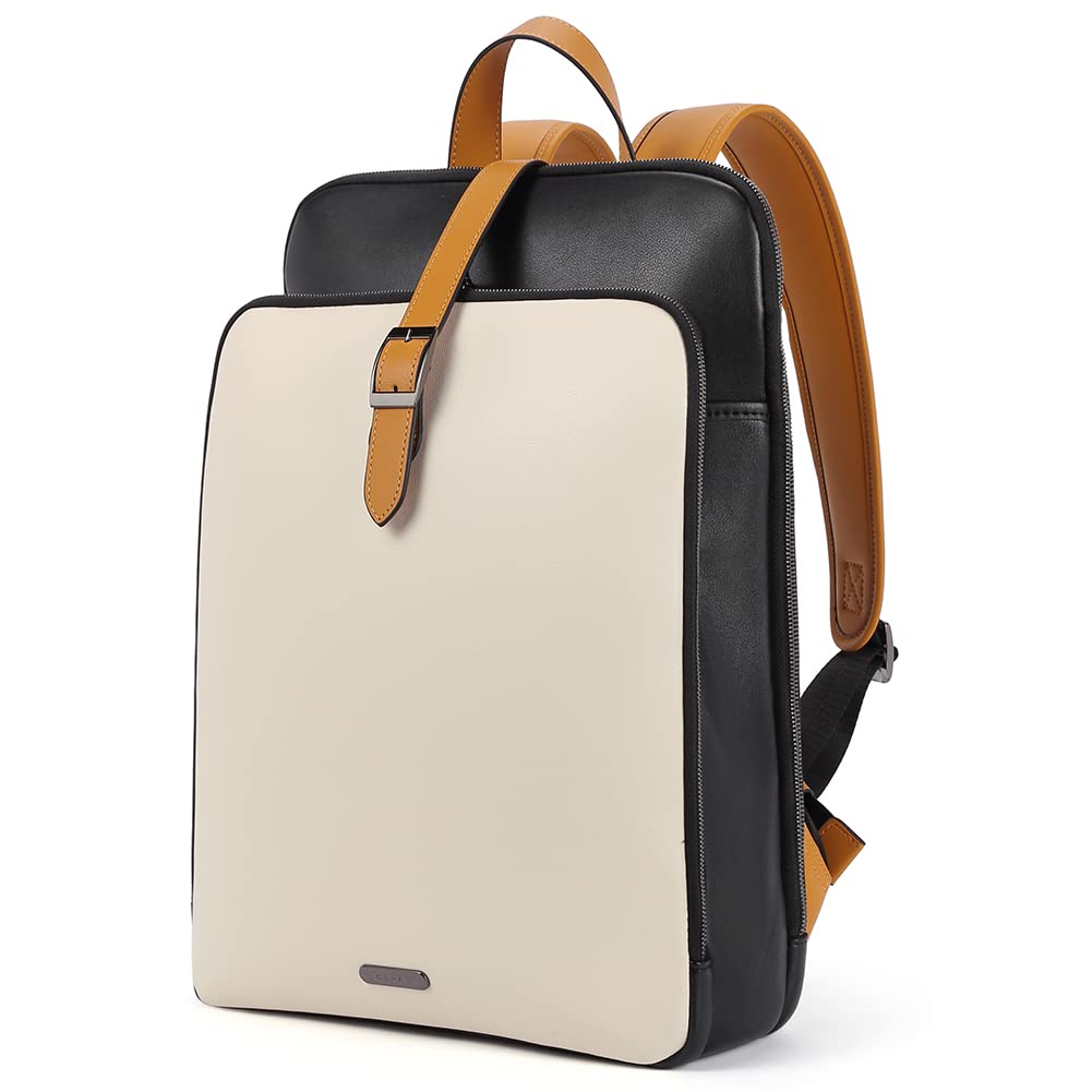 CLUCI Womens Backpack Purse Leather 15.6 Inch Laptop Travel Business Vintage Large Shoulder Bags Beige with Yelow Fine lines
