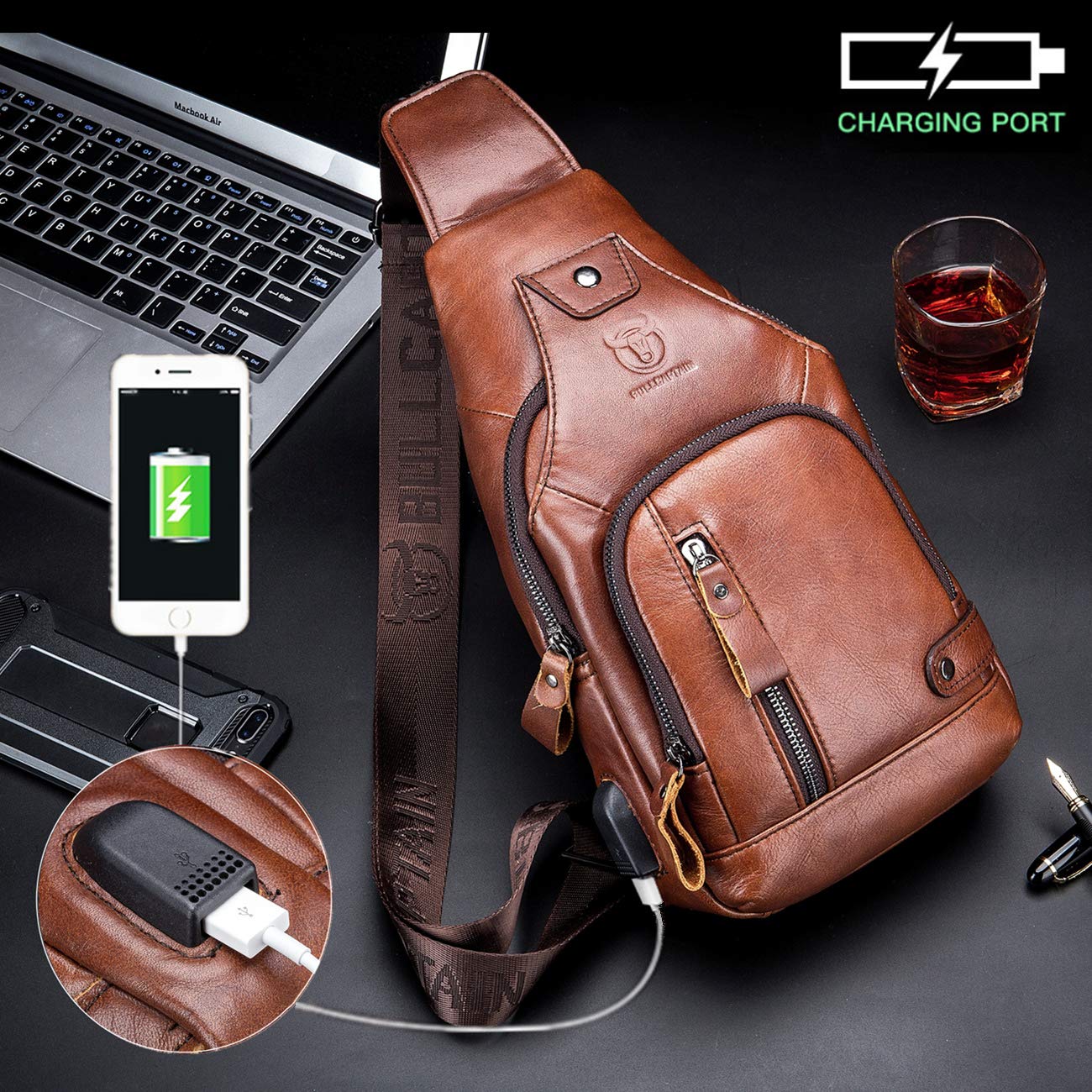 BULLCAPTAIN Sling Bag Crossbody Backpack with USB Charging Port Genuine Leather Hiking Travel Daypack XB-129 (Brown)