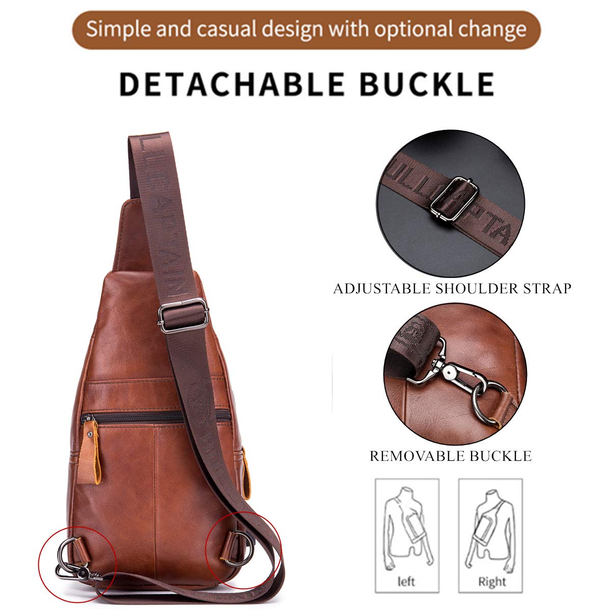 BULLCAPTAIN Sling Bag Crossbody Backpack with USB Charging Port Genuine Leather Hiking Travel Daypack XB-129 (Brown)