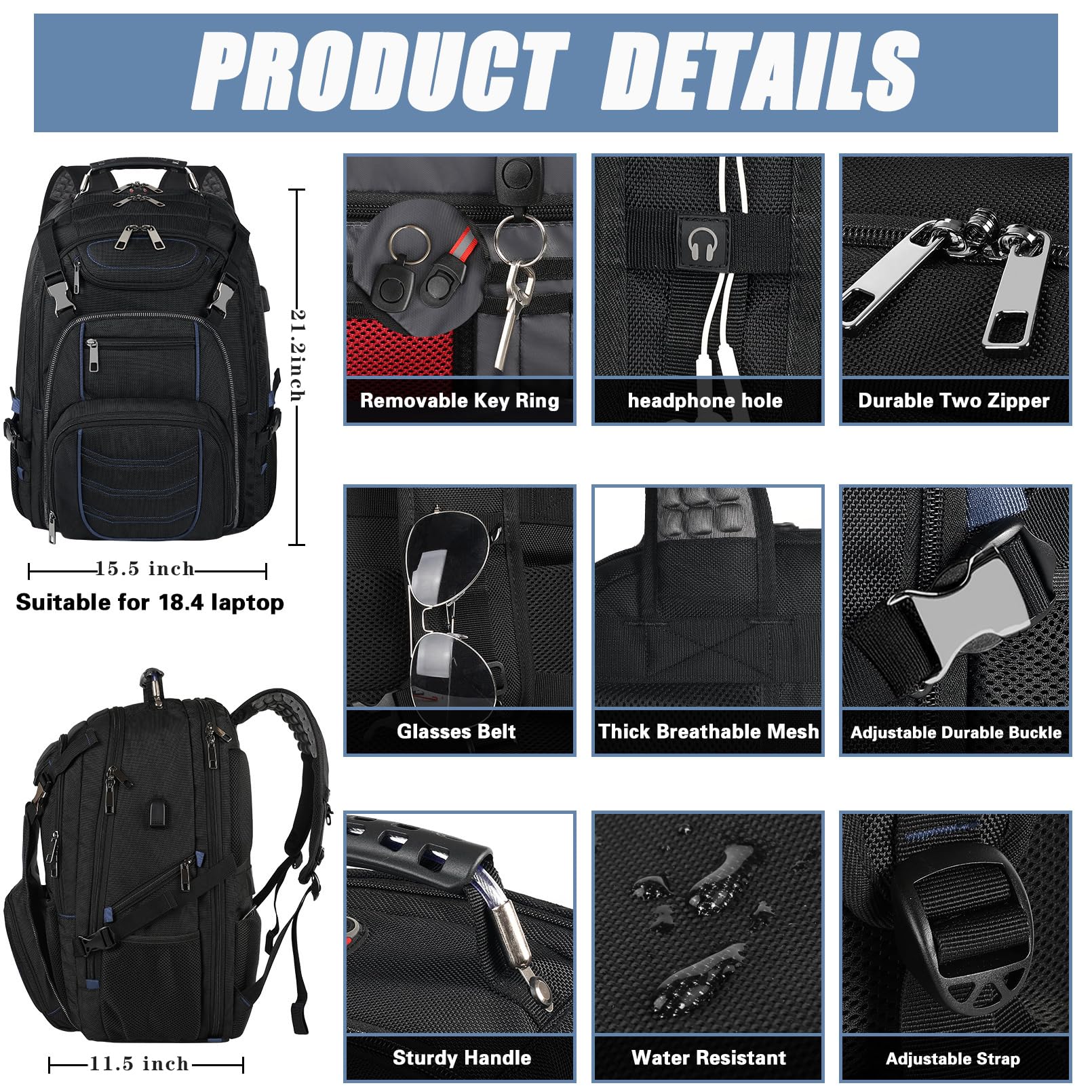 18.4 Inch Laptop Backpack, Extra Large Travel Backpack with USB Charger Port for Men Women, 60L Big Capacity Heavy Duty Computer Bag TSA Friendly RFID Anti Theft Pocket Durable College School Bookbag