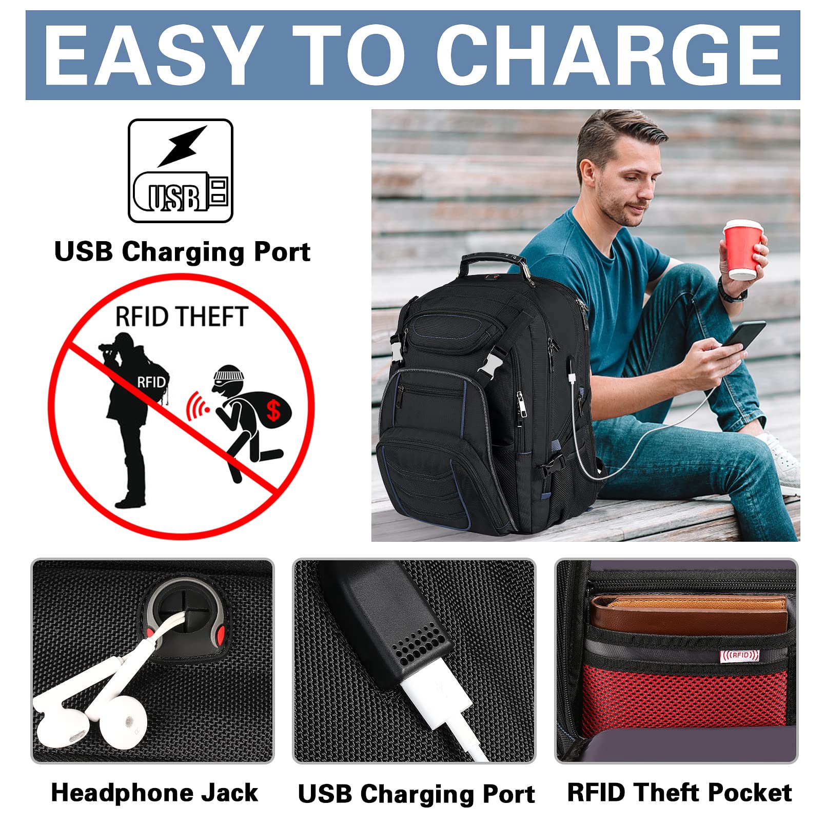 18.4 Inch Laptop Backpack, Extra Large Travel Backpack with USB Charger Port for Men Women, 60L Big Capacity Heavy Duty Computer Bag TSA Friendly RFID Anti Theft Pocket Durable College School Bookbag