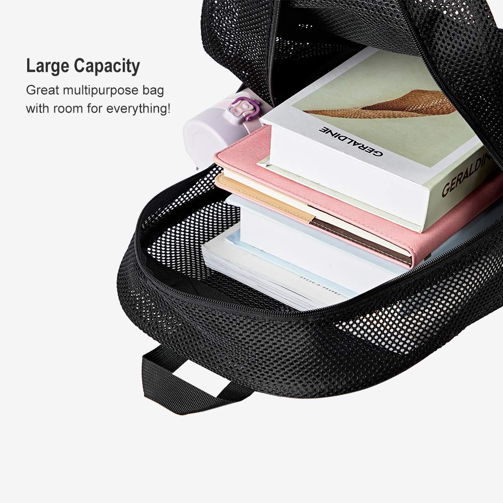 Heavy Duty Mesh Backpack, See Through College Student Backpack, Semi-transparent Mesh Bookbag with Bungee and Comfort Padded Straps for Commuting, Swimming, Beach, Outdoor Sports
