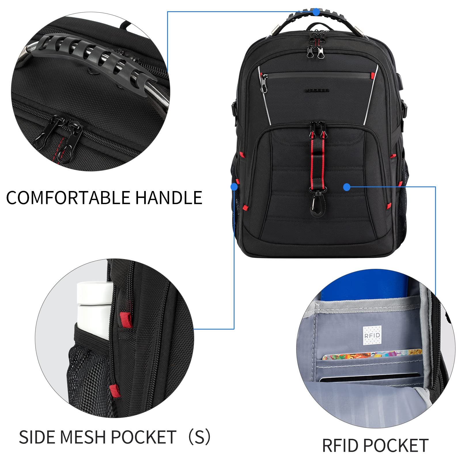 KROSER Travel Laptop Backpack 18.4 inch XXXL Computer Backpack Stylish College Backpack with RFID Pockets USB Charging Port REFLECTIVE STRIPS Water-Repellent Day pack for School/Business/Men