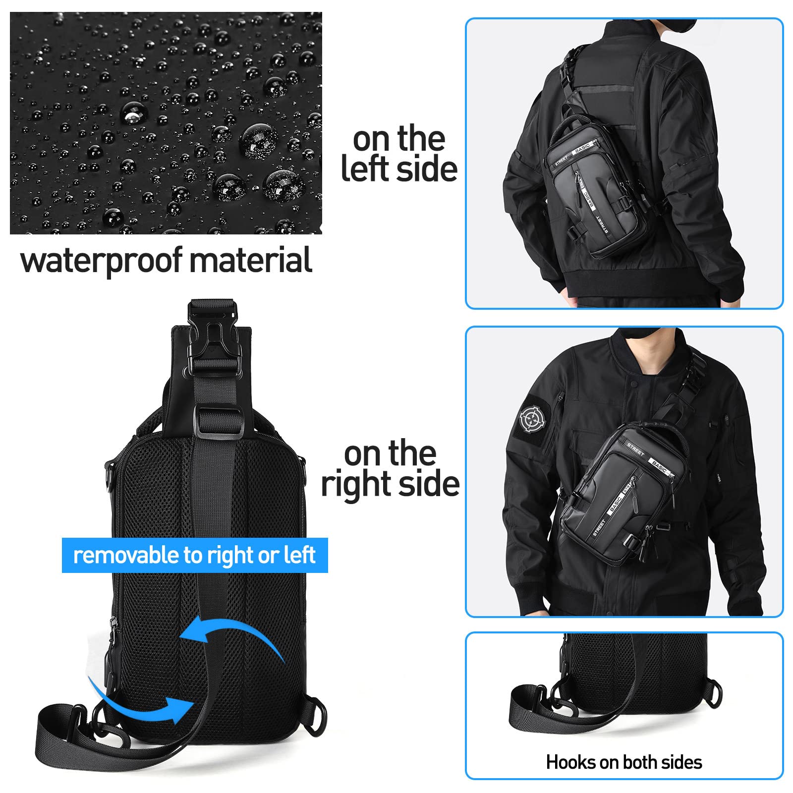 SEAFEW Anti Theft Sling Crossbody Backpack Shoulder Bag for Men, Lightweight One Strap Motorcycle Backpack Sling Bag Backpack for Hiking Walking Biking Travel Cycling with USB Charger Port