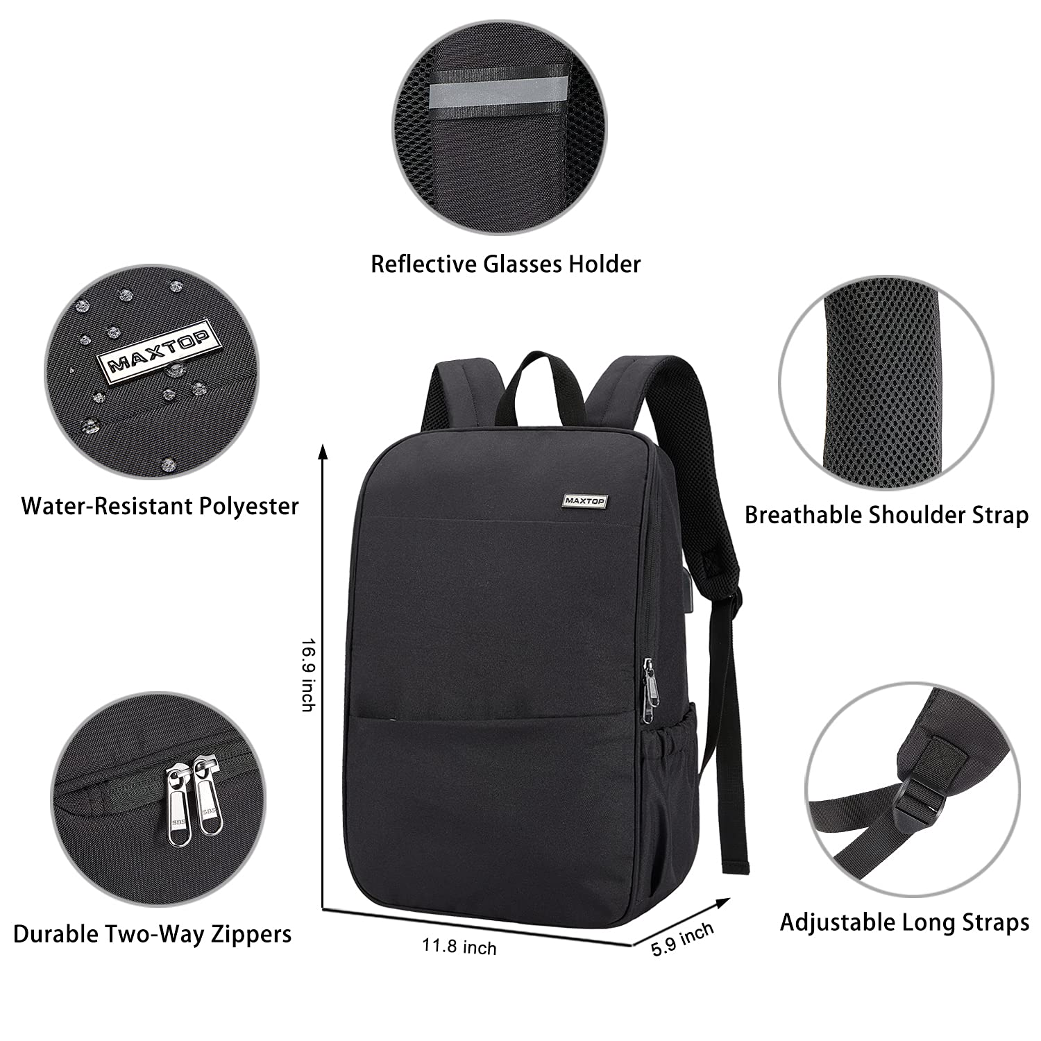MAXTOP Deep Storage Laptop Backpack with USB Charging Port[Water Resistant] College School Computer Bookbag Fits 16 Inch Laptop,Black