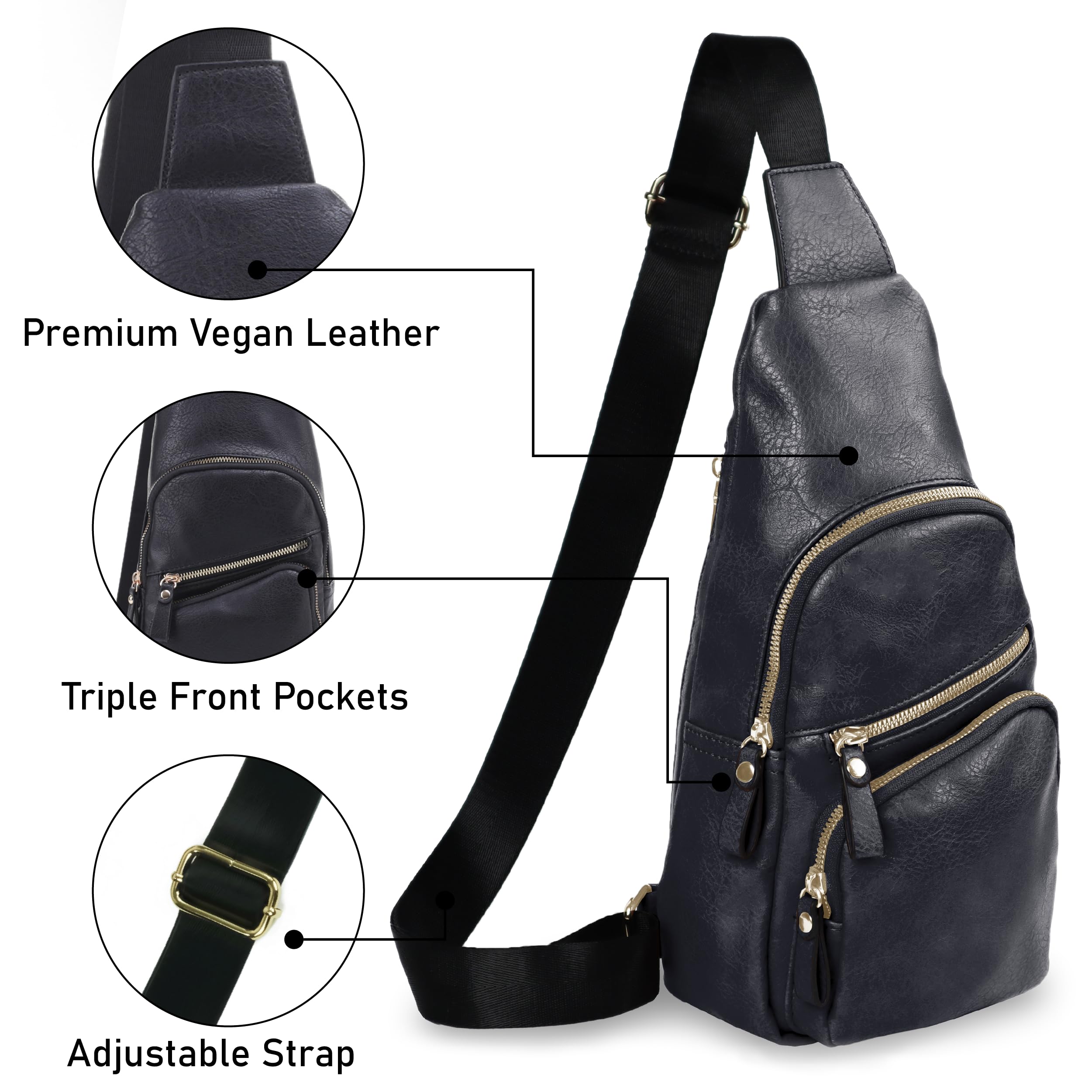 EMPERIA Faux Leather Small Sling Backpack Multipurpose Chest Bag Hiking Travel Daypack Rushsack Outdoor Black