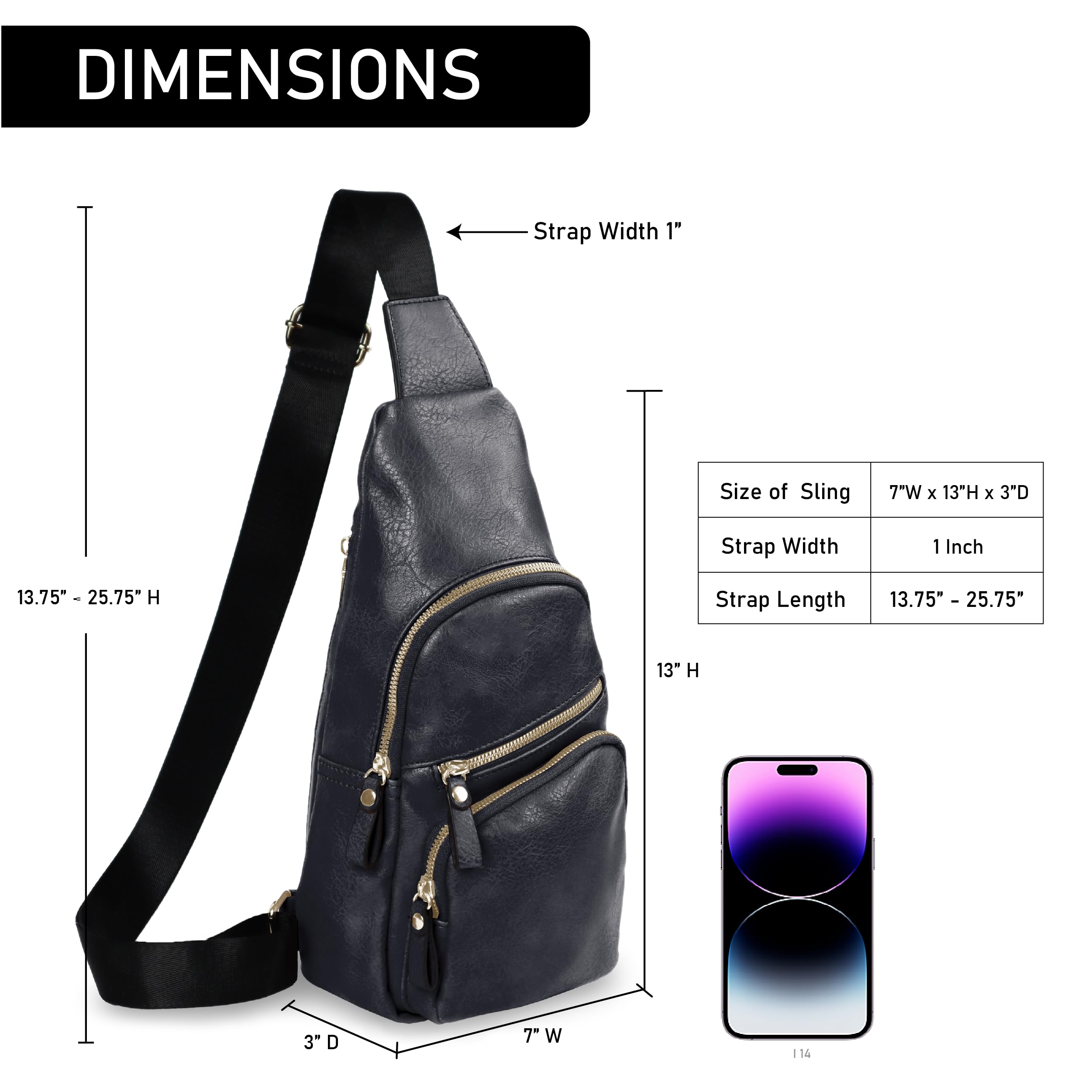 EMPERIA Faux Leather Small Sling Backpack Multipurpose Chest Bag Hiking Travel Daypack Rushsack Outdoor Black