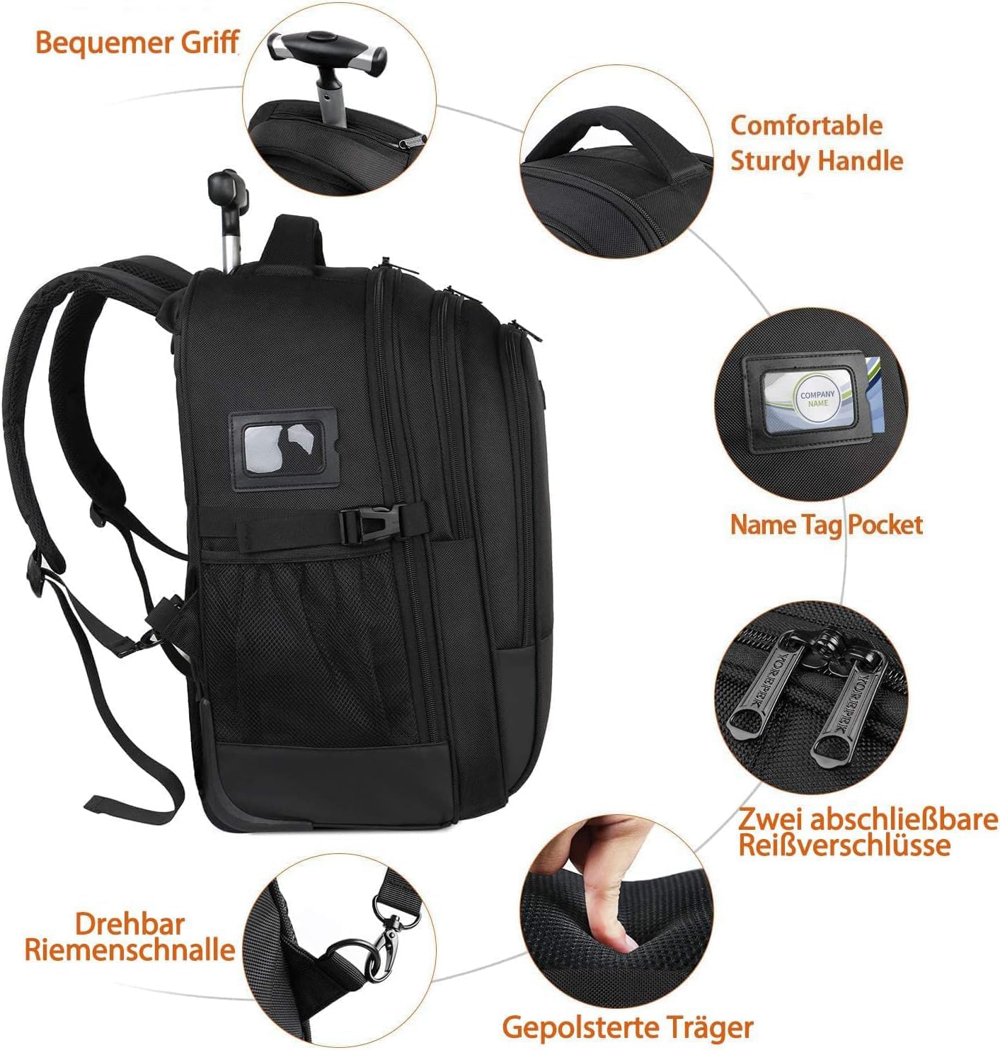 Backpack with Wheels, Large Rolling Backpack for Men Women, Water Resistant Business Travel Carry on Wheeled Backpack Bag, Durable Roller College School Computer Bookbag Fits 15.6 Inch Laptop, Black