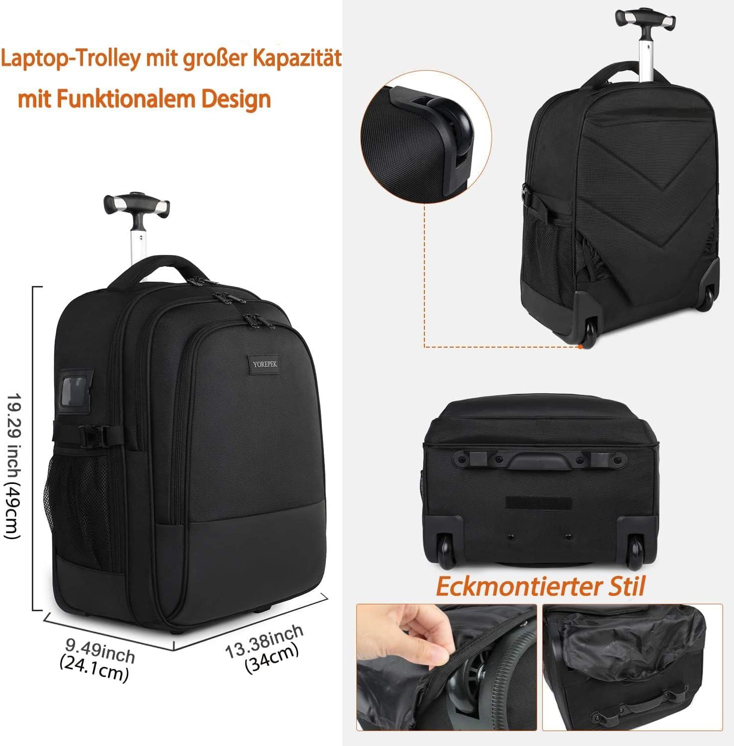 Backpack with Wheels, Large Rolling Backpack for Men Women, Water Resistant Business Travel Carry on Wheeled Backpack Bag, Durable Roller College School Computer Bookbag Fits 15.6 Inch Laptop, Black