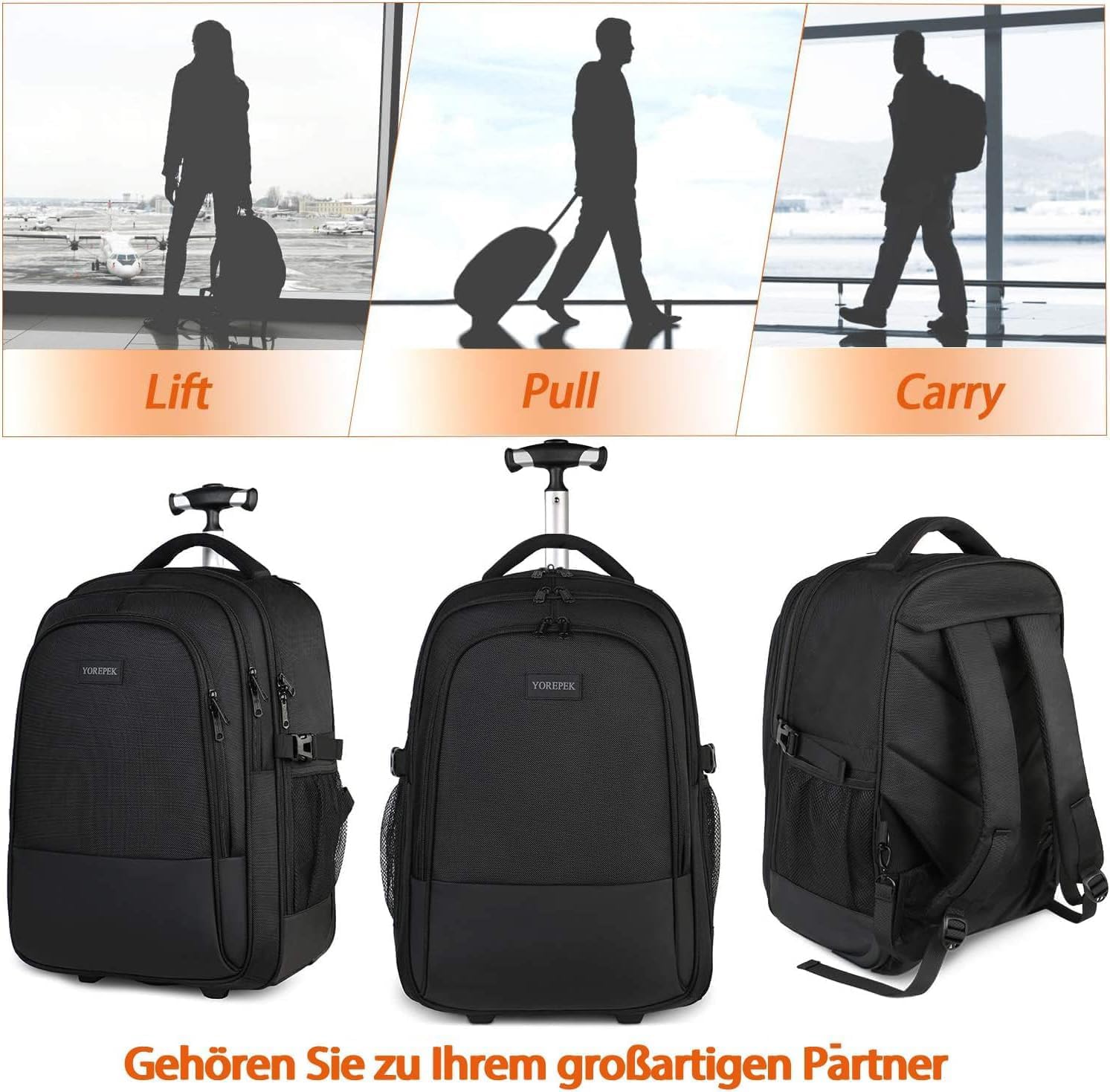 Backpack with Wheels, Large Rolling Backpack for Men Women, Water Resistant Business Travel Carry on Wheeled Backpack Bag, Durable Roller College School Computer Bookbag Fits 15.6 Inch Laptop, Black