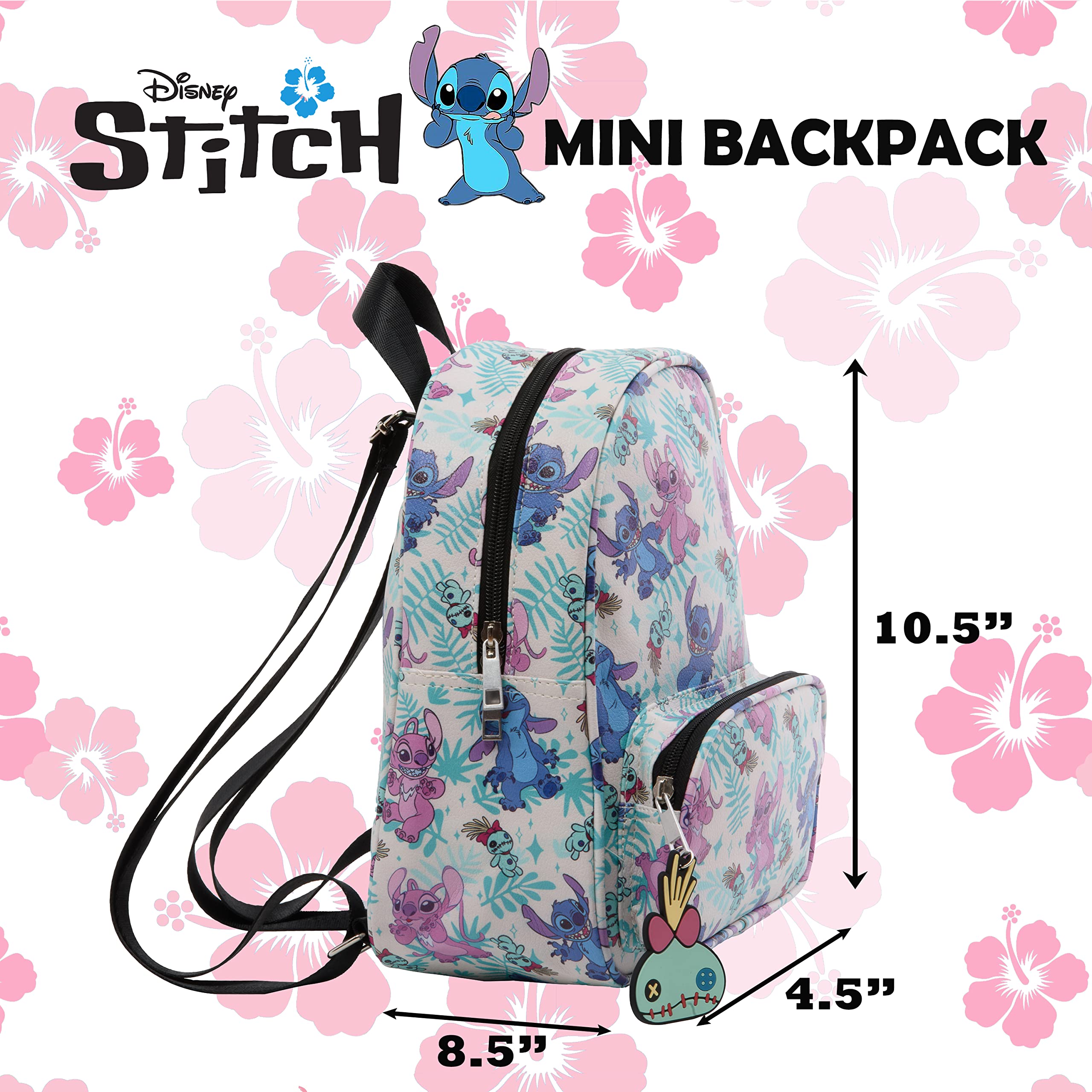 Disney Stitch & Angel Mini Backpack with Allover Print & Molded Scrump Dangle, 10.5 Inches, Adjustable Straps, Faux Leather