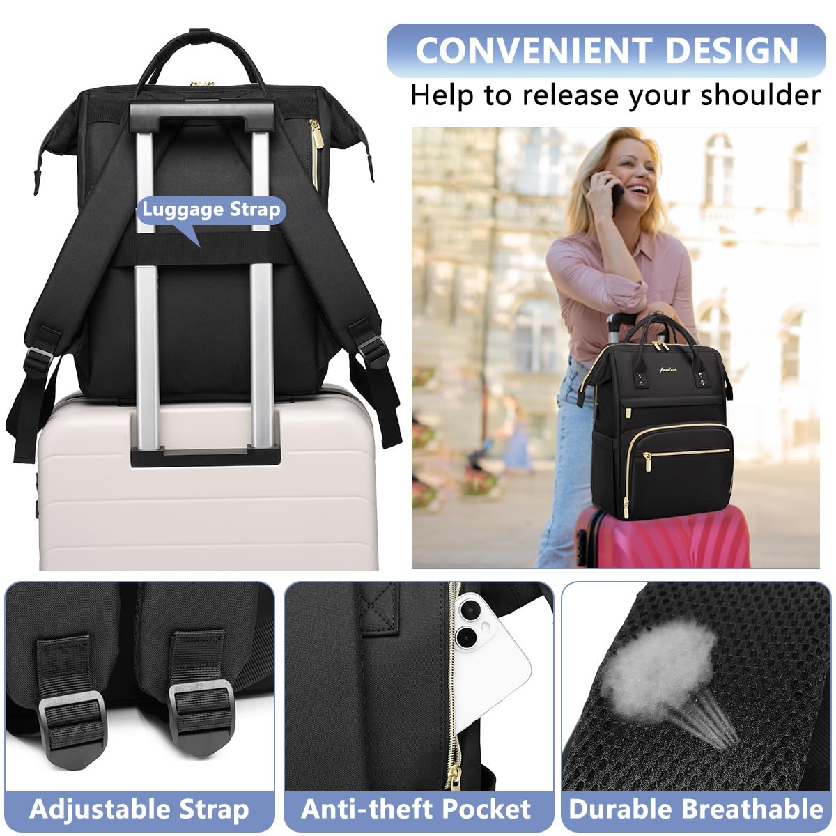 Focdod Work Computer Backpack For Women: 15.6 inch Nurse Bags Large School Teacher Laptop Bag Travel Purse Back pack With USB Charging Port Laptop Compartment Adult Waterproof Daypack Gift Black
