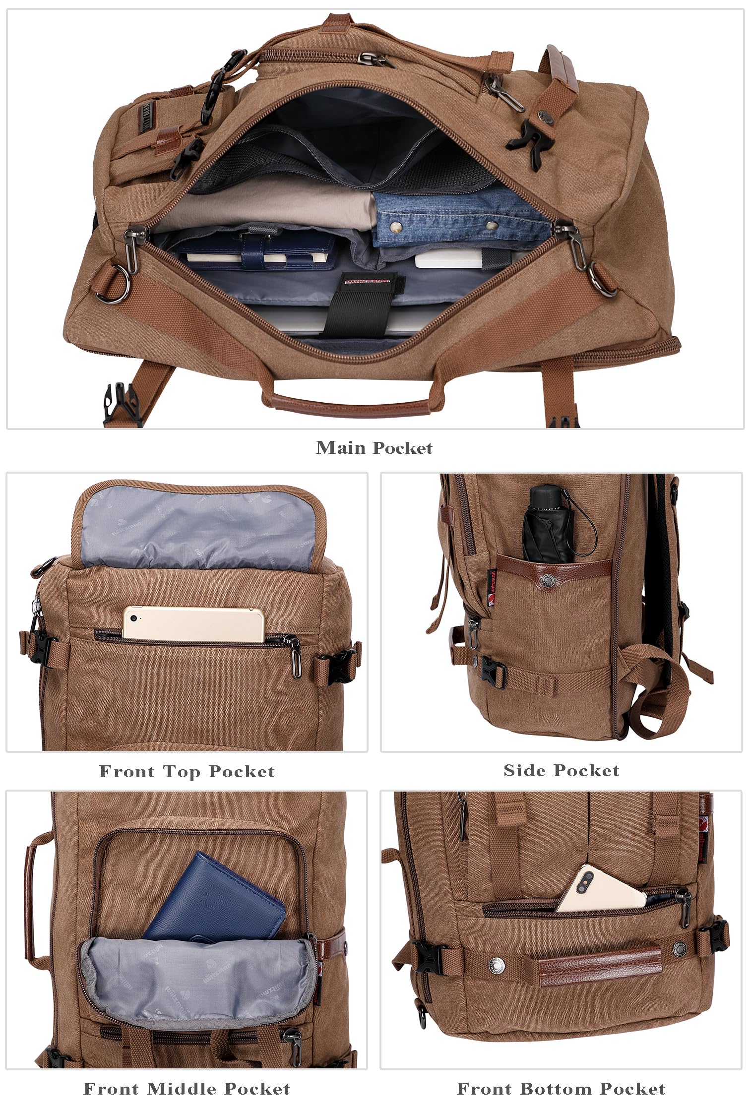 WITZMAN Canvas Backpack Vintage Travel Backpack Large Laptop Bags Convertible Shoulder Rucksack (A519-1 Brown)