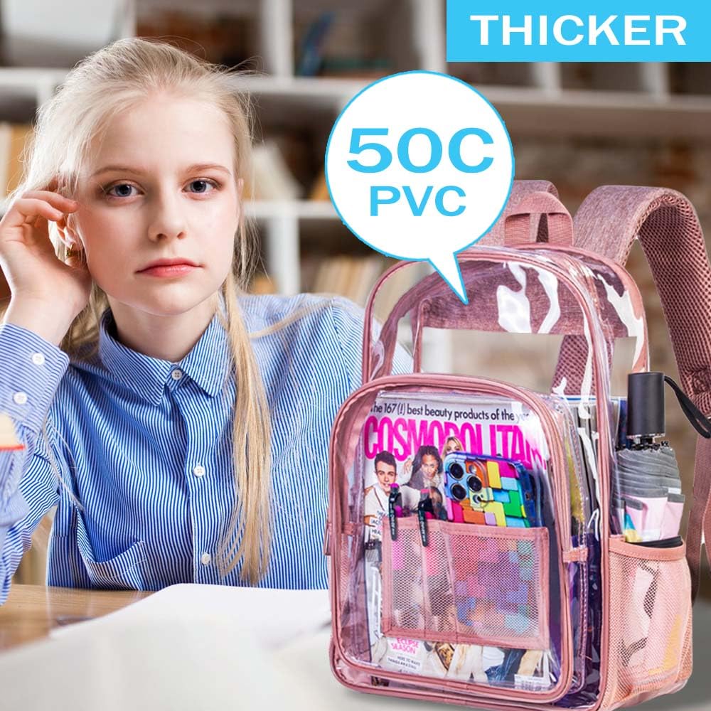 Clear Backpack, Heavy Duty Transparent Bookbag, See Through PVC Backpacks for Women - Pink