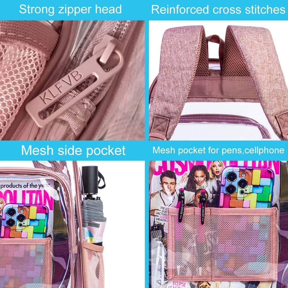 Clear Backpack, Heavy Duty Transparent Bookbag, See Through PVC Backpacks for Women - Pink
