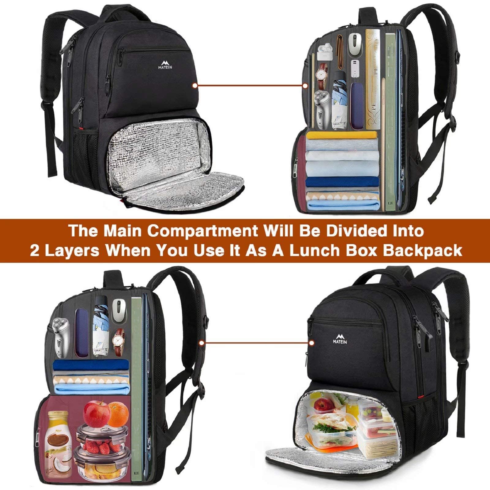 MATEIN Lunch Backpack for Men, 17 Inch Insulated Cooler Backpack Lunch Box Backpack with USB Charging Port, Water Resistant Computer School Bookbag College Laptop Backpack Gifts for Travel Picnic Work